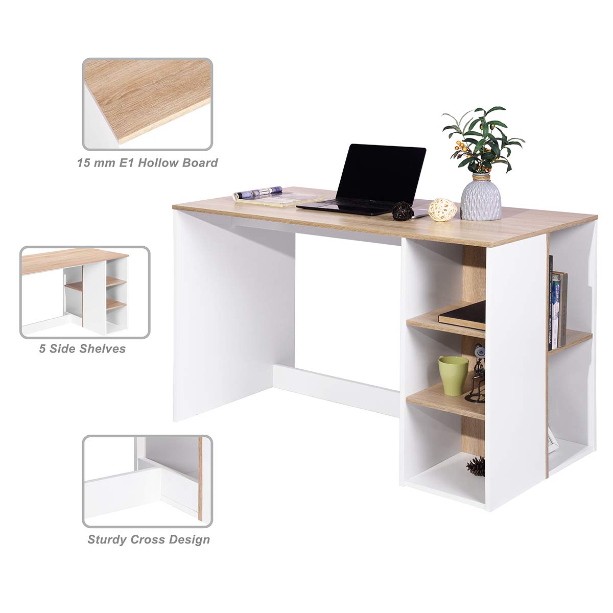 Office Computer Desk 47.2 Inch ps5 Gaming Desk with Drawers Kids Study Writing Desk Organizers with 5 Shelves Students Laptop Table Home Wood Workspace Conference Room Tables, Oak White