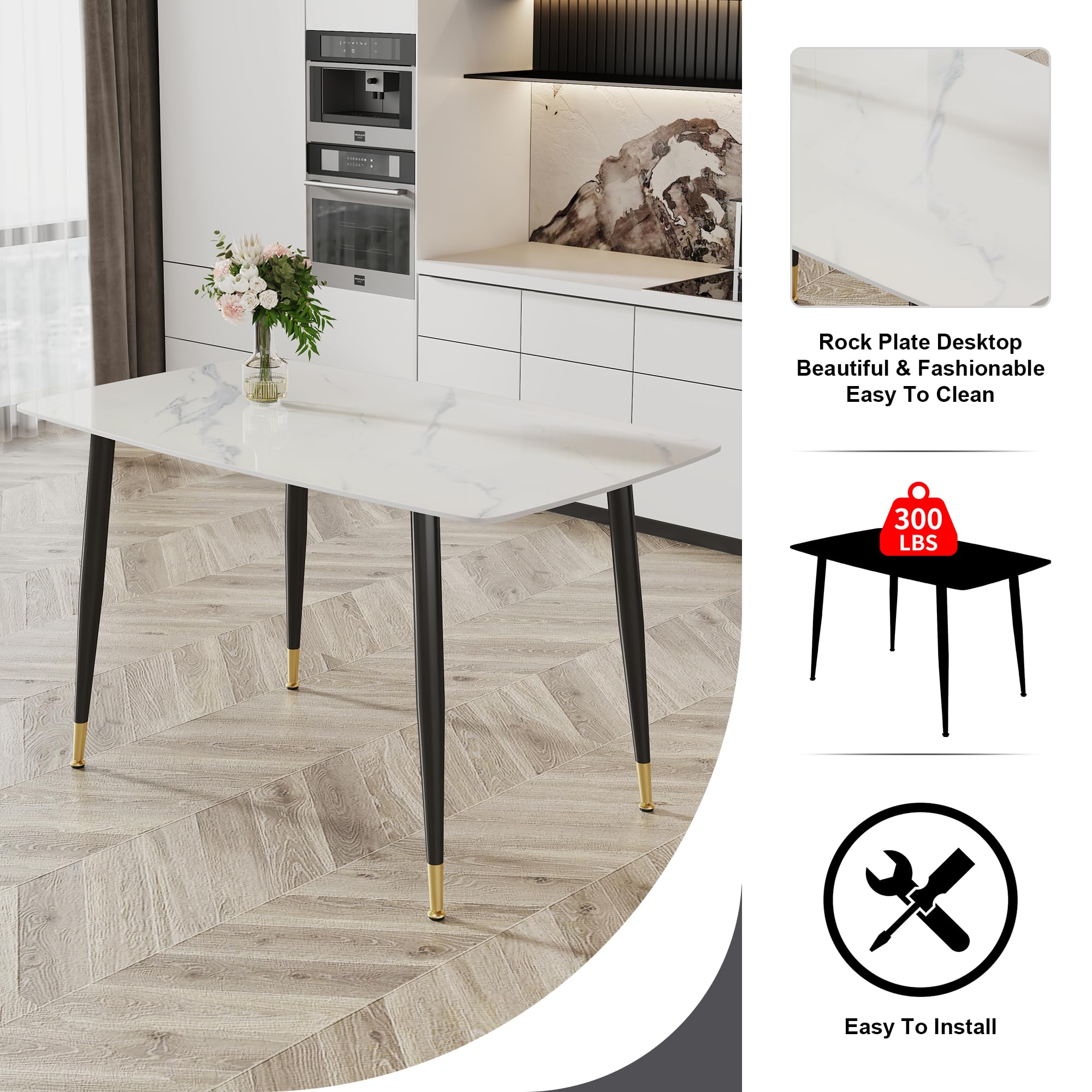 Maotifeys 5 Piece Dining Table Set, Dining Chairs Set of 4, Modern Kitchen Tables Top with Sintered Stone, Metal Base & Legs for Kitchen Dining Room (White5)