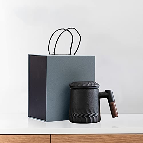 Shimkong Handle Tea Mug, Chinese Ceramic Tea Cup with Infuser and Lid, 13.5oz (Black)