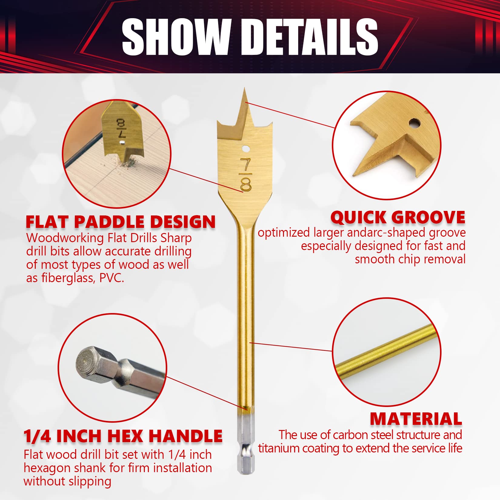 wesleydrill 6PCS Spade Drill Bit Set Paddle Flat Bits 3/8"-1" Flat Wood Hole Cutter Fit for Most Types of Wood as Well as Fiberglass