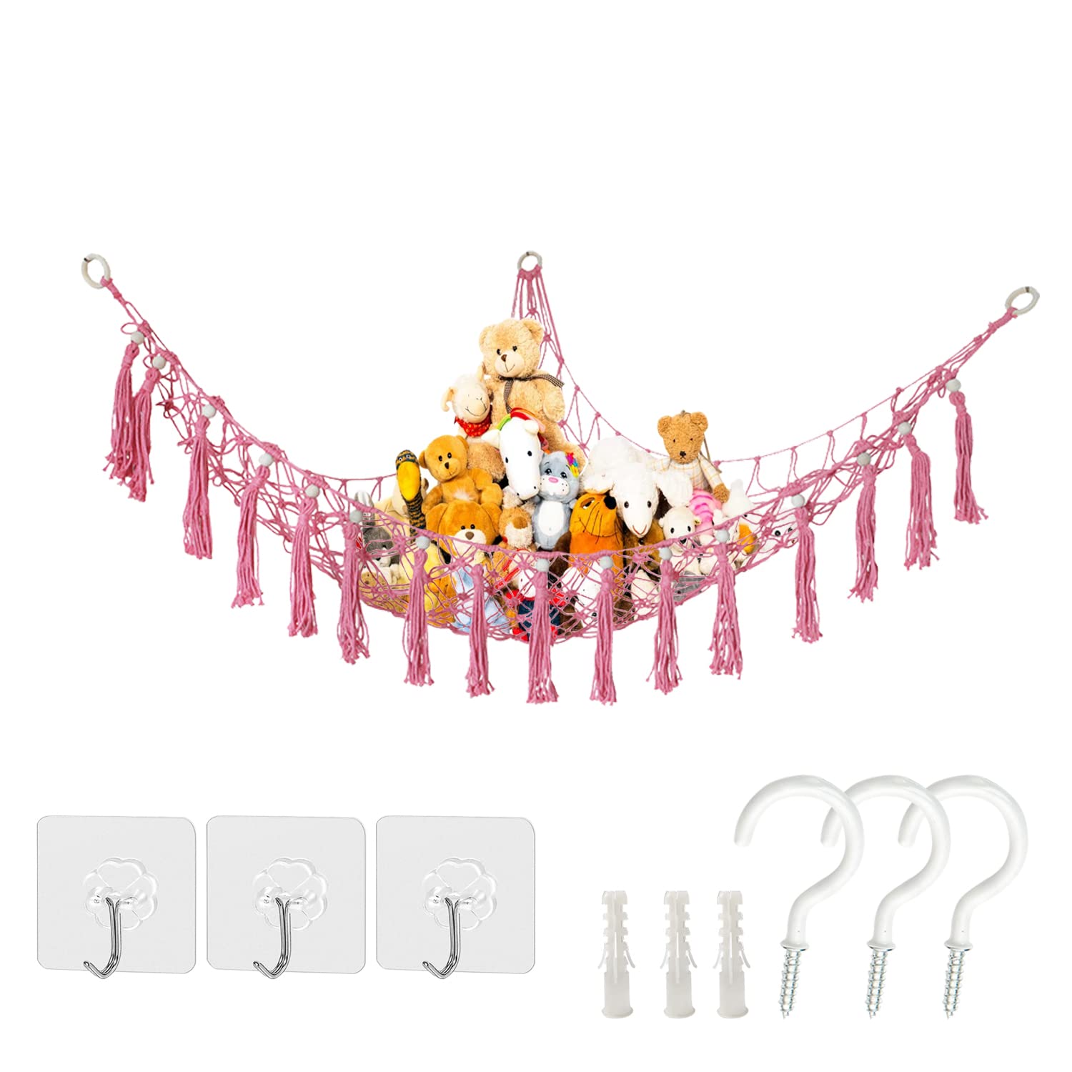 Toy Hammock Hanging Corner Net for Stuffed Animals Storage Corner Toy Corner Hammock Organizer Display Holder Net (Pink)