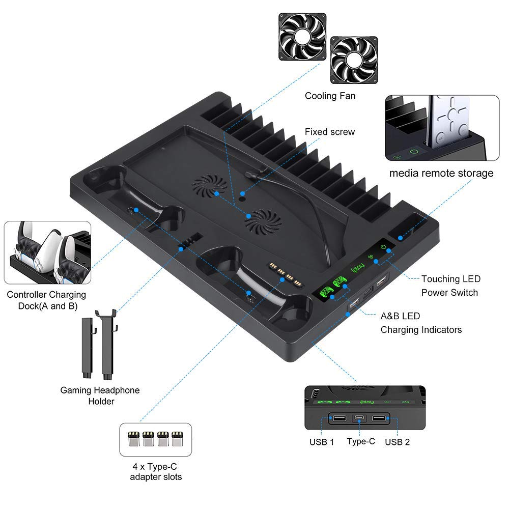 PS5 Accessories Cooling Stand with Headset Holder and AC Adapter, for PlayStation 5 Disc & Digital Editions Dual Controllers Charger，Game Disc Slots and Media Remote Organizer