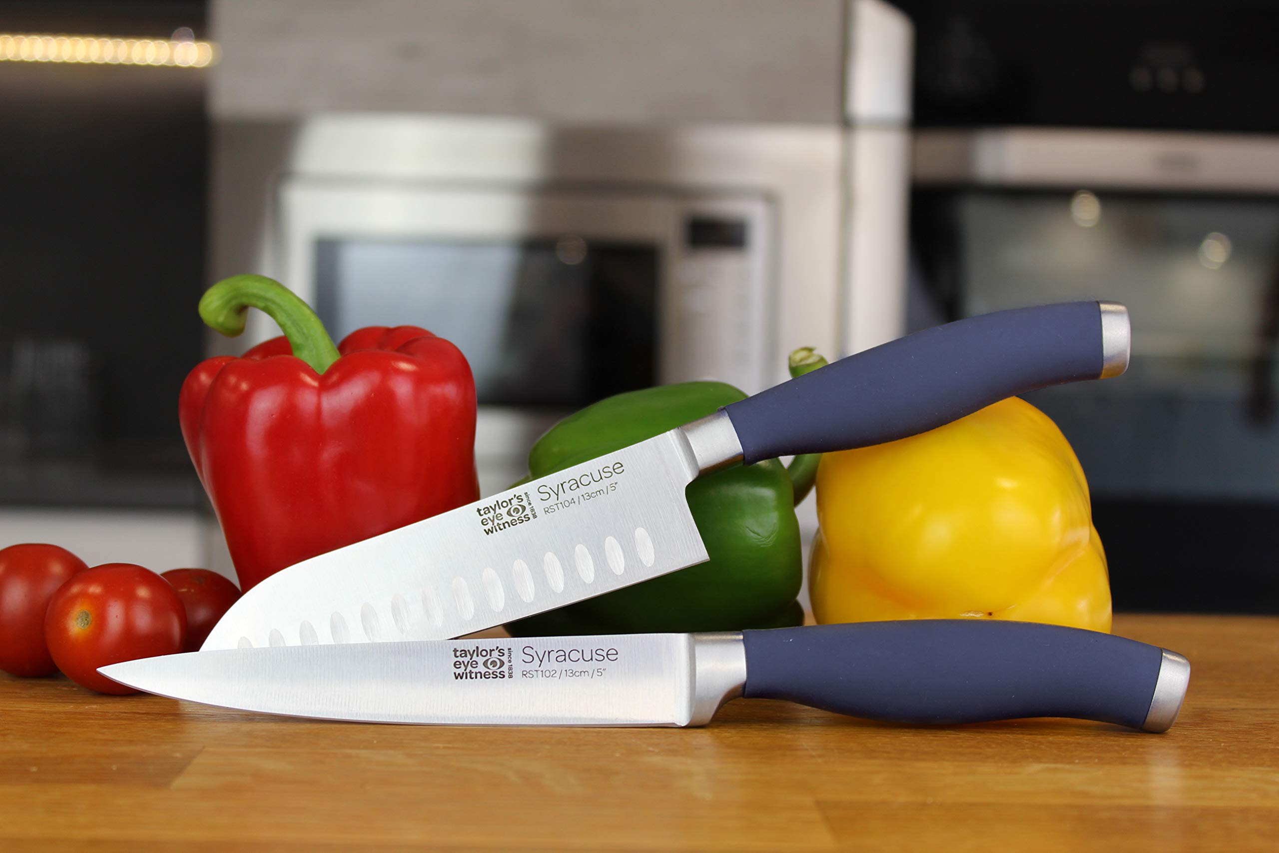 Taylors Eye Witness Syracuse Asian Kitchen Knife Set - Chefs Santoku 13cm/5β & Cooks All Purpose 13cm/5β Cutting Edge, Multi Use. Ultra Fine, Razor Sharp Blade. Soft Textured Grip Denim Blue Handle.