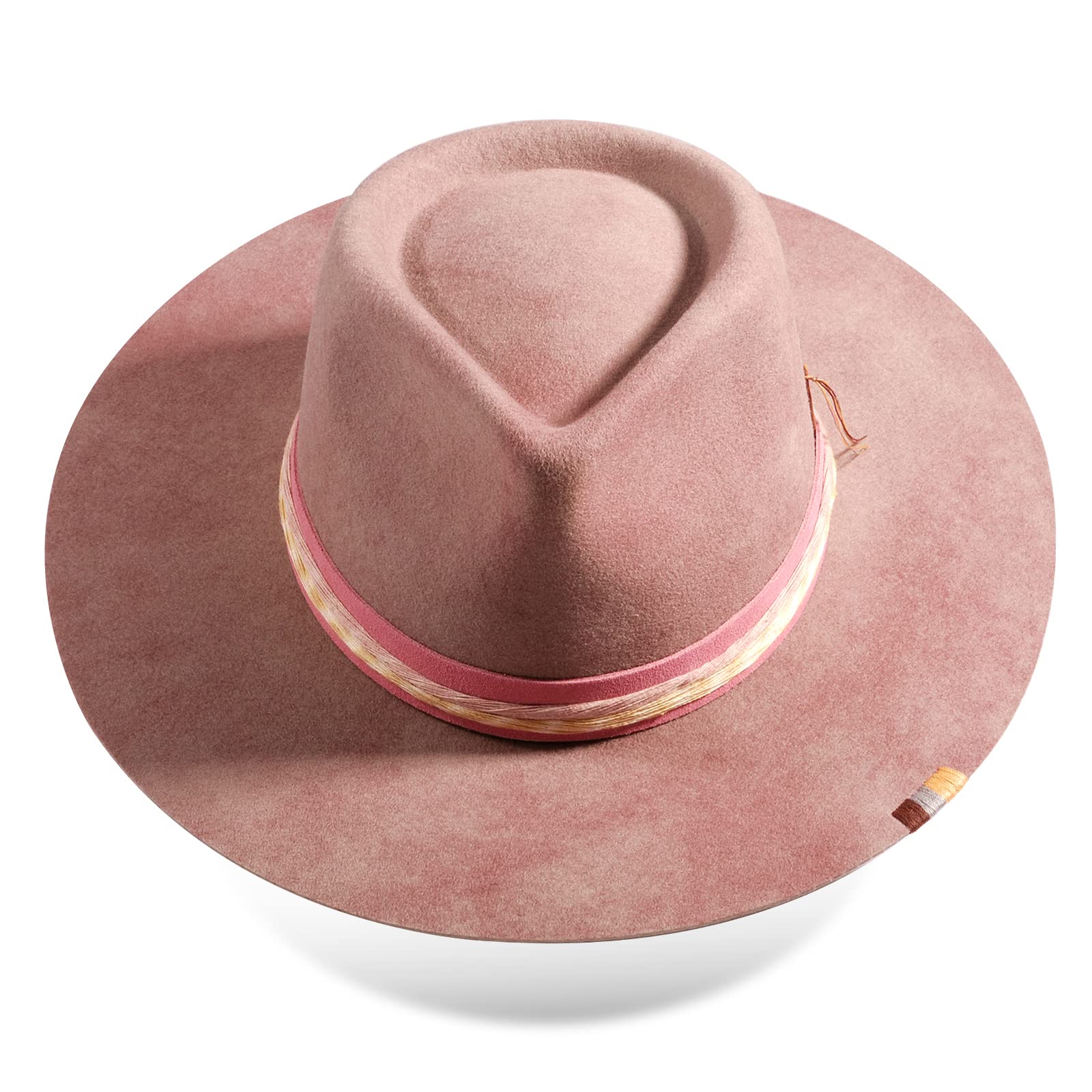 RUEDIGER Wide Brim Fedora Hats for Men Women 100% Wool Felt Panama Rancher Hat with Lightning Logo Distressed/Burned Handmade Pink