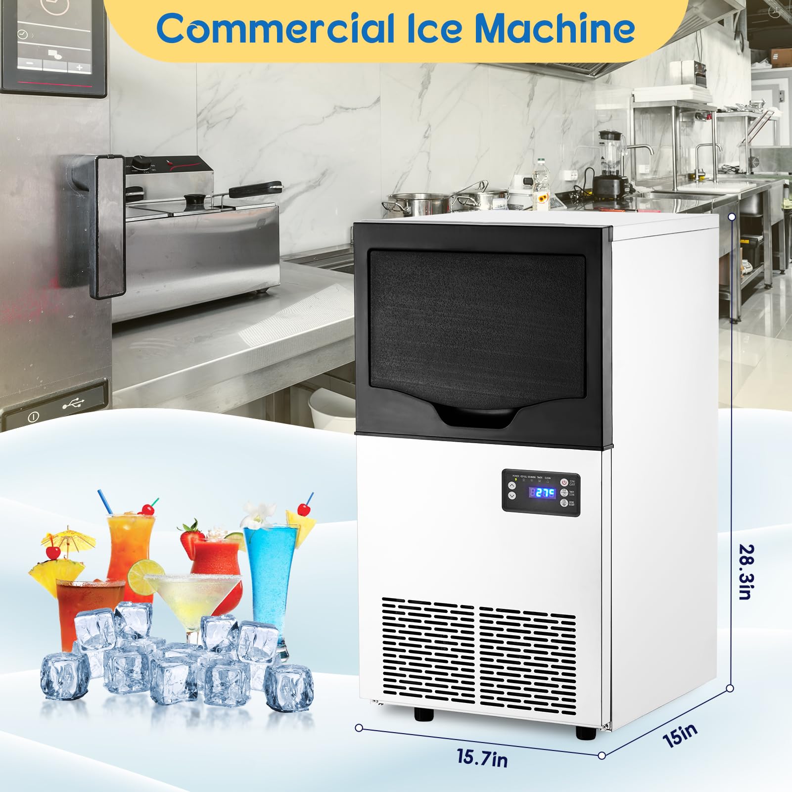 Zstar Commercial Ice Maker Machine, 110LBS/24H Under Counter Ice Maker, Freestanding Ice Machine w/33LBS Ice Storage, LCD Controller, Self Cleaning, Stainless Steel Large Ice Maker for Restaurant Home