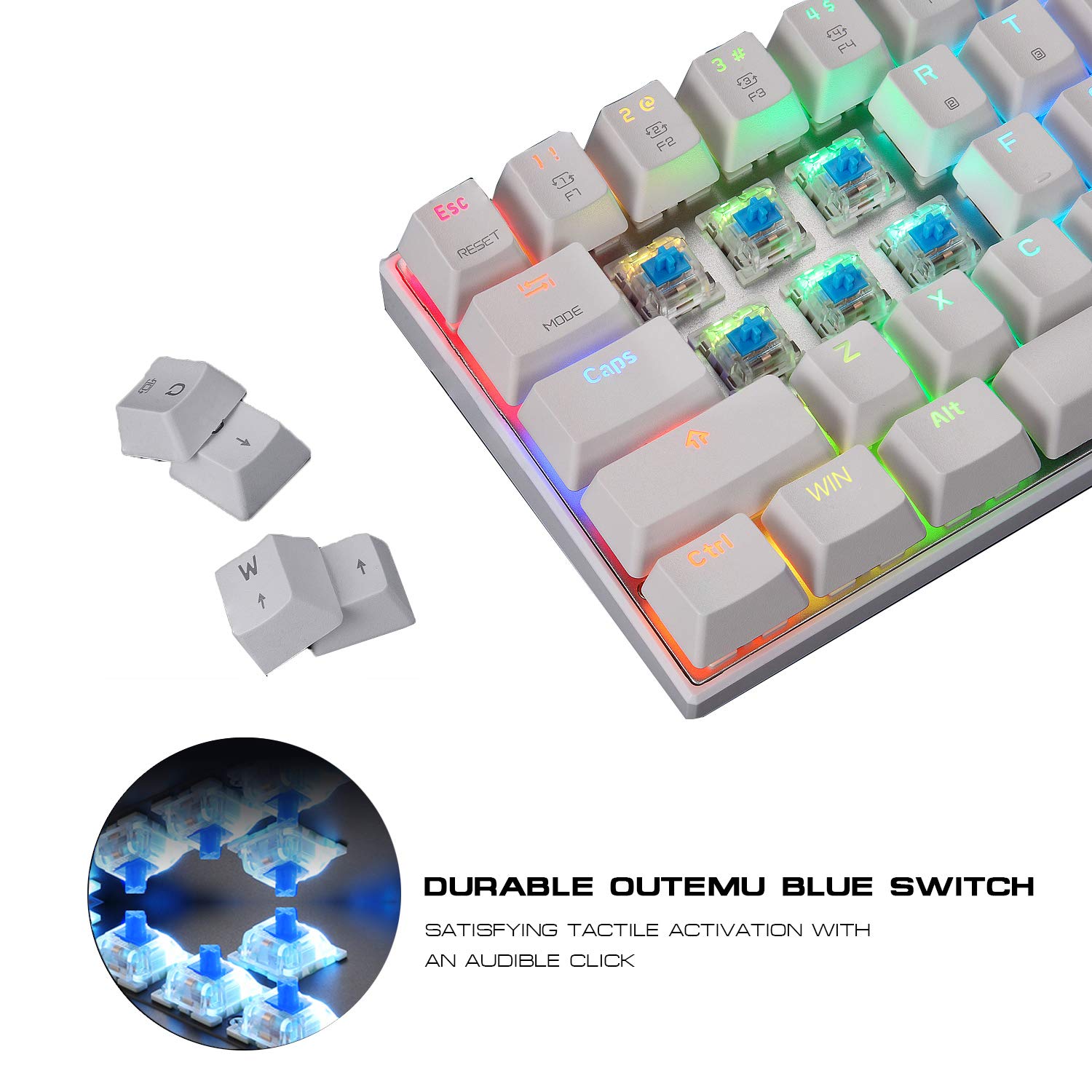 MOTOSPEED 60% Dual-Mode BT5.0/Type-C Mechanical Keyboard, 61 Keys Bluetooth Mechanical Keyboard,Gaming/Office Keyboard for PC/Mac Gamer (Blue Switch, White)