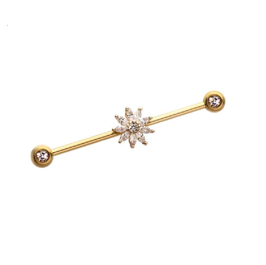 Pierced Owl 14GA Golden Tone Stainless Steel CZ Crystal Starburst Industrial Barbell