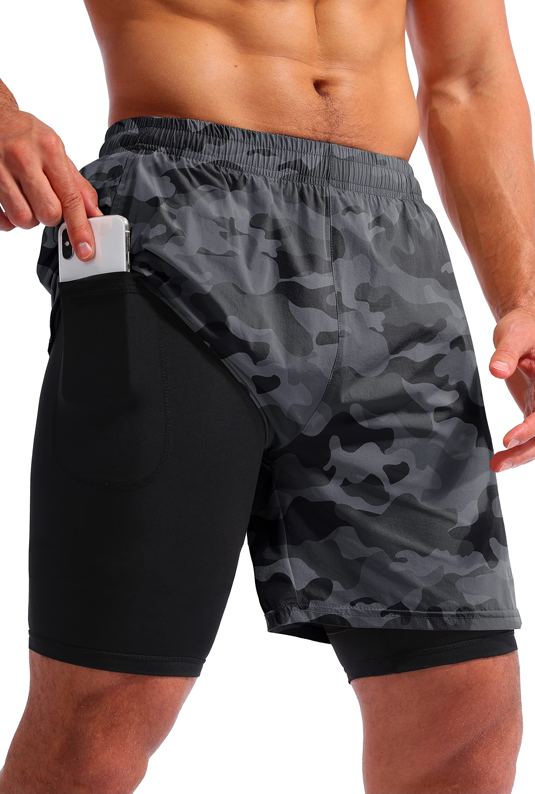 Pudolla Menâs 2 in 1 Running Shorts 7" Quick Dry Gym Athletic Workout Shorts for Men with Phone Pockets(Black Camo Large)