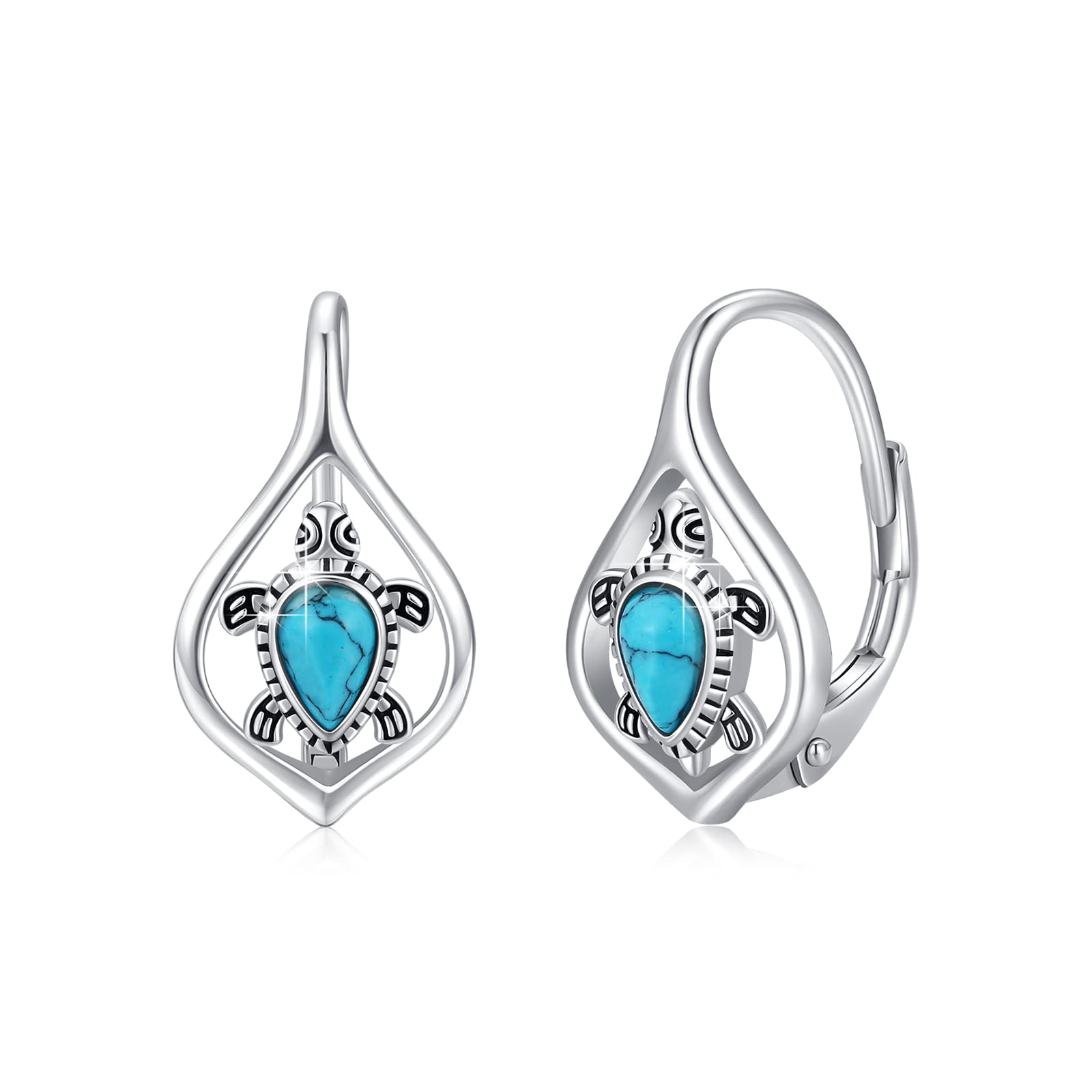 Turquoise Turtle Leverback Earrings Sterling Silver Turtle Turquoise Dangle Drop Earrings for Women Teens Birthday Anniversary