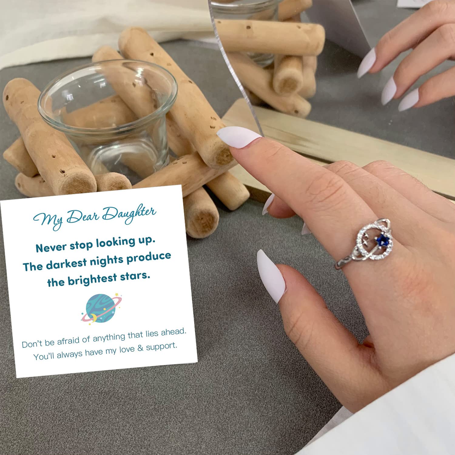 RINHOO Star Rings Halo Ring, Sparkling Cubic Zirconia Planet Stars Ring for Granddaughter, Adjustable Size Material Idea