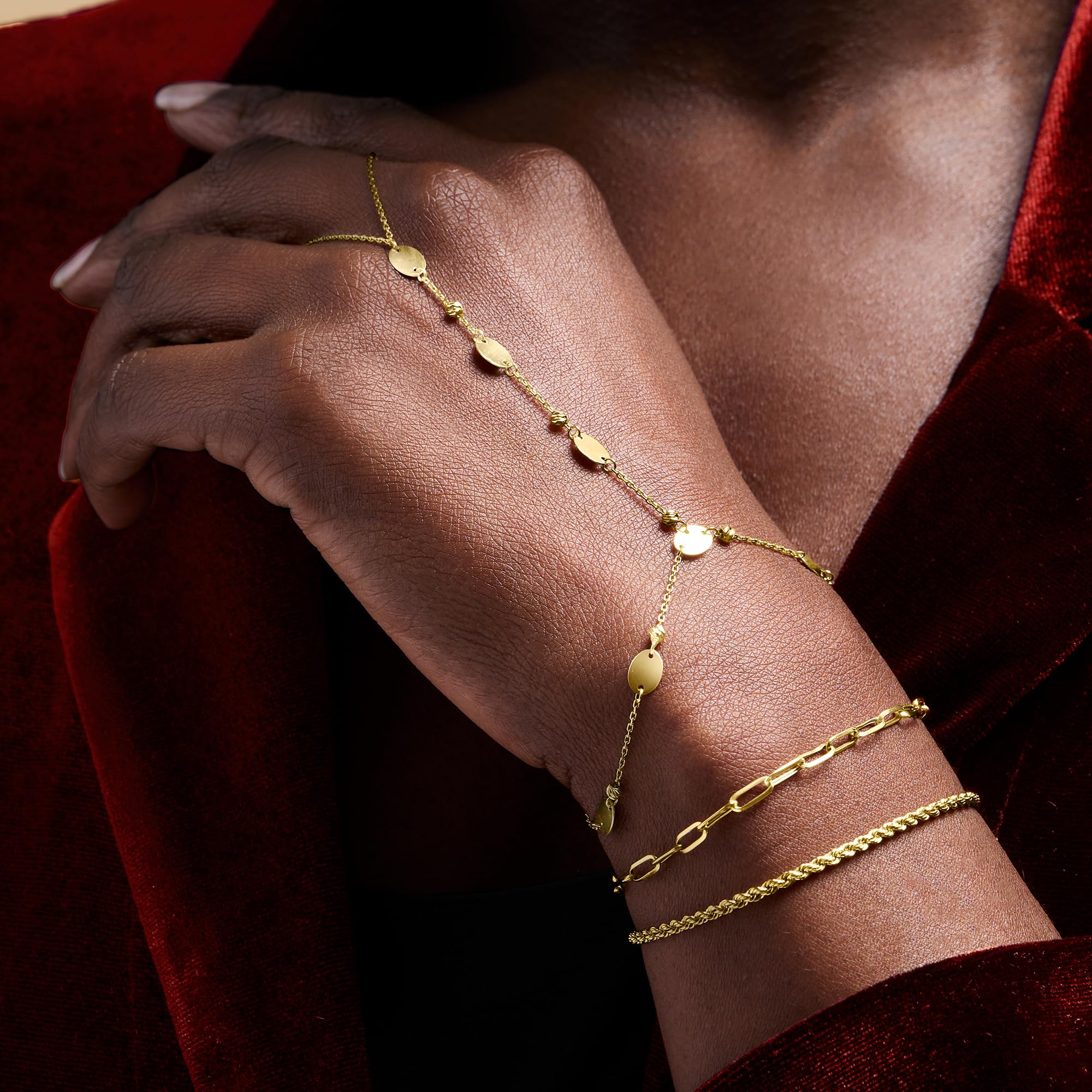 RS Pure by Ross-Simons 14kt Yellow Gold Disc Station Hand Chain Bracelet. 7 inches