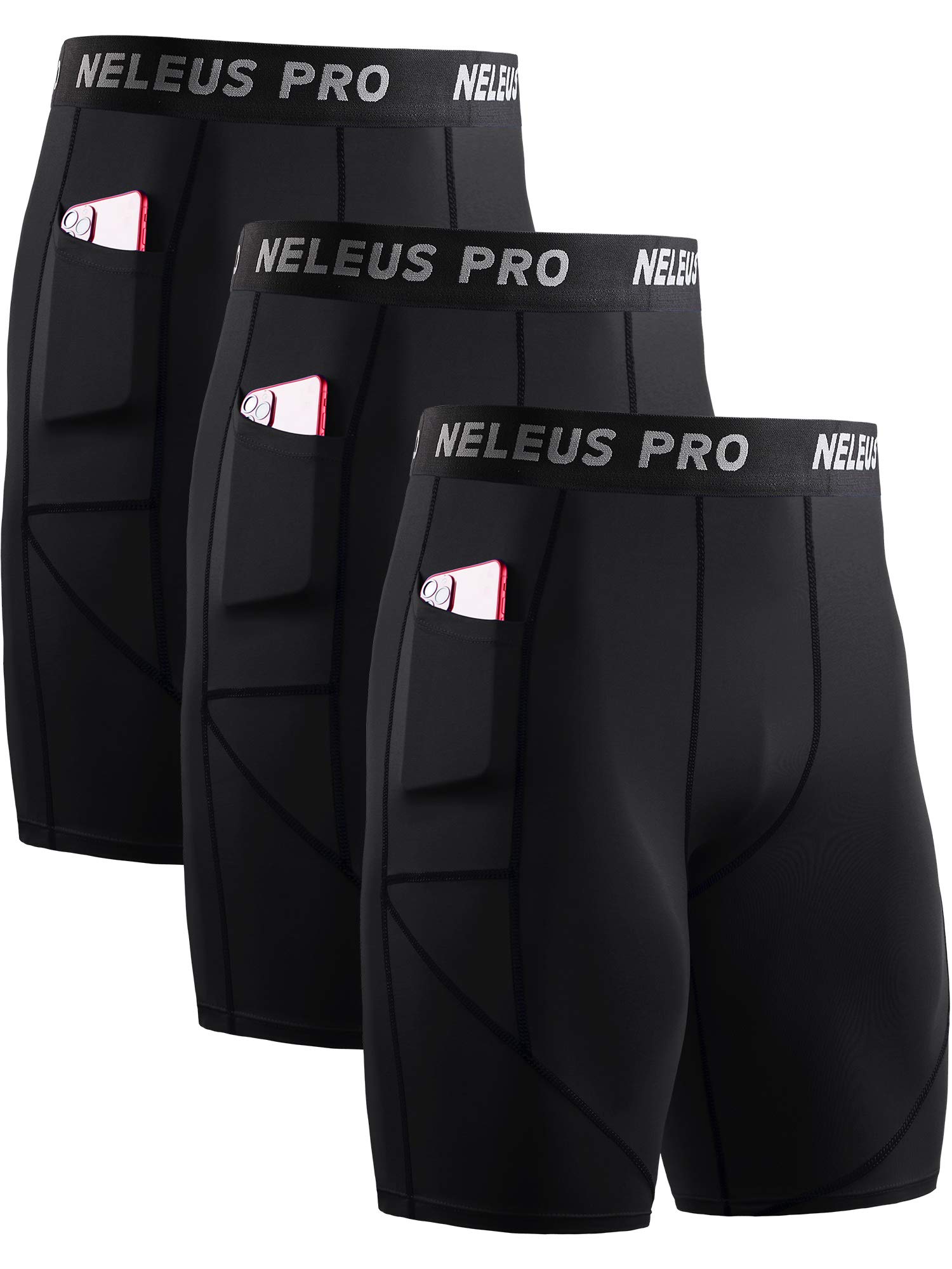 NELEUS Men's Compression Shorts with Pockets Workout Running Tights,3 Pack,6082,Black/Black/Black,XL