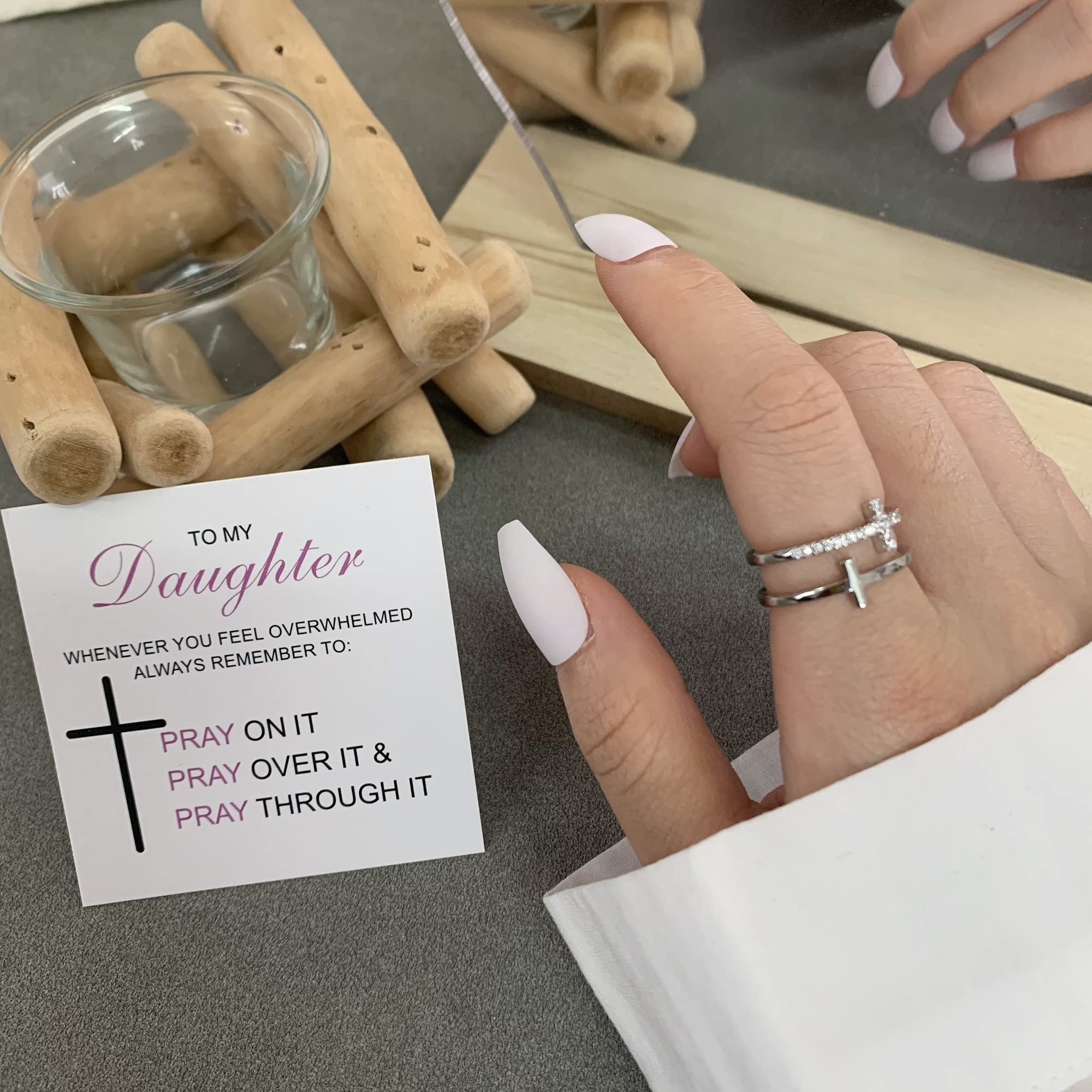 RINHOO To My Daughte Ring-Pray Through It Cross Ring Double Cross Adjustable Baptism Ring Silver Gold CZ Diamond Creative Wedding Commitment Ring for Woman (To My Daughter, Silver)