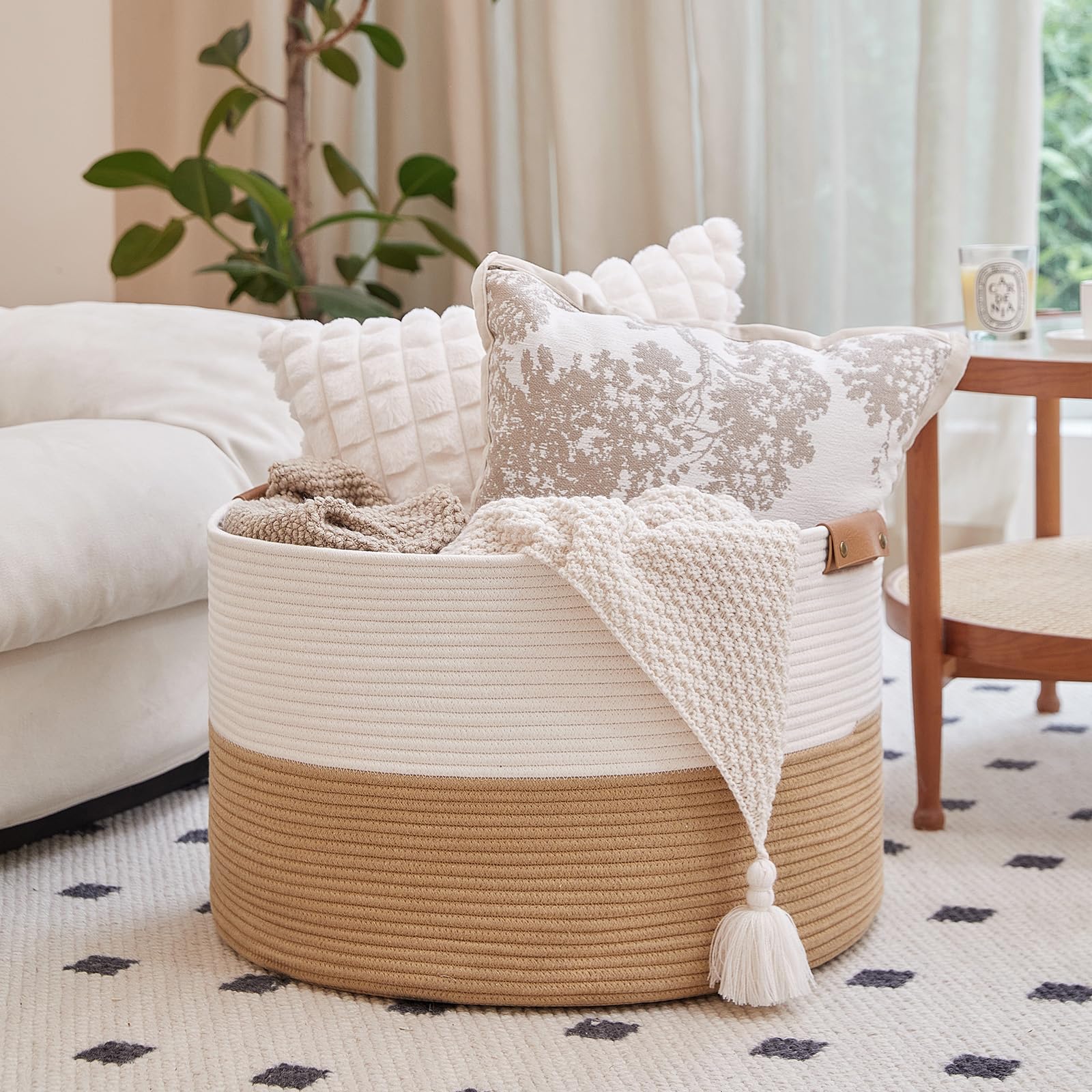 R RUNKA Extra Large Basket 22" x 14", Soft Woven Storage Basket with Leather Handles,Big Basket and Organizer for Laundry, Toys, Books and Baby Blankets