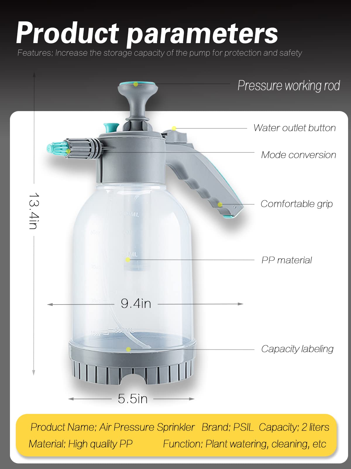 Manual Garden Spray, Lawn Plant Flower Pressure Pump Spray, Adjustable Safety Valve, with Extended Nozzle 0.5 Gallon/2 liters