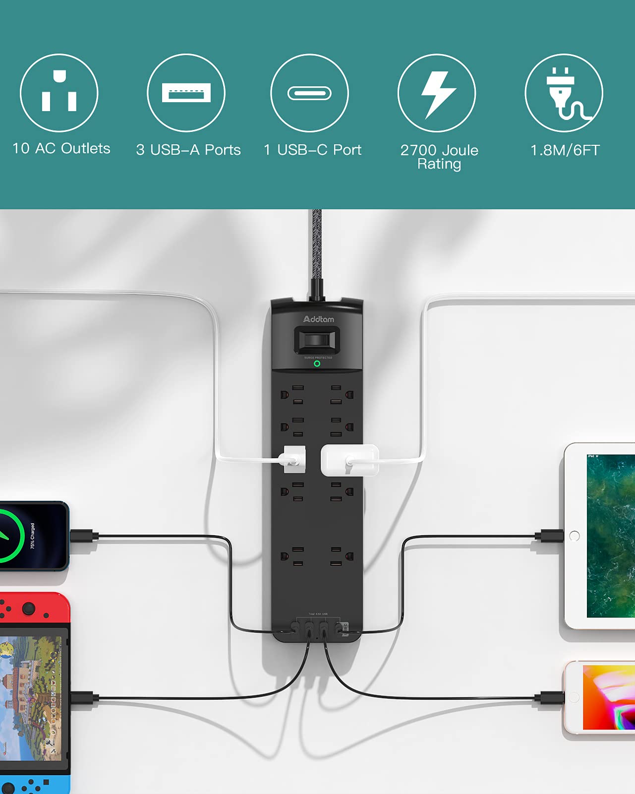 Power Strip - Surge Protector with 10 Outlets and USB C, 5 FT Extension Cord Flat Plug with Overload Surge Protection, 1875W/15A, Wall Mountable for Home, Office, Dorm Essential, (2700 Joules)
