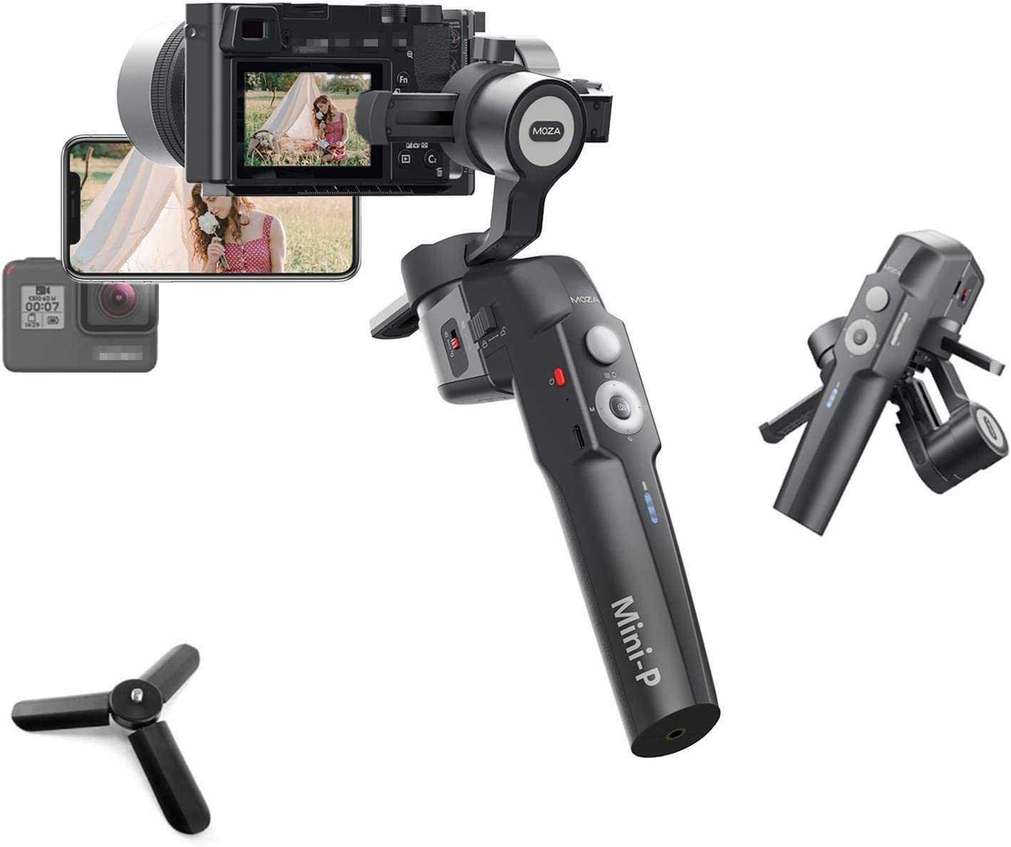 MOZA Mini P MAX Gimbal Stabilizer Portable Handheld Stabilizer Compatible with Mobile Phones Action CamerasLight Mirrorless Cameras 3-Axis Lock Design Advanced Shooting Mode Focus On Life