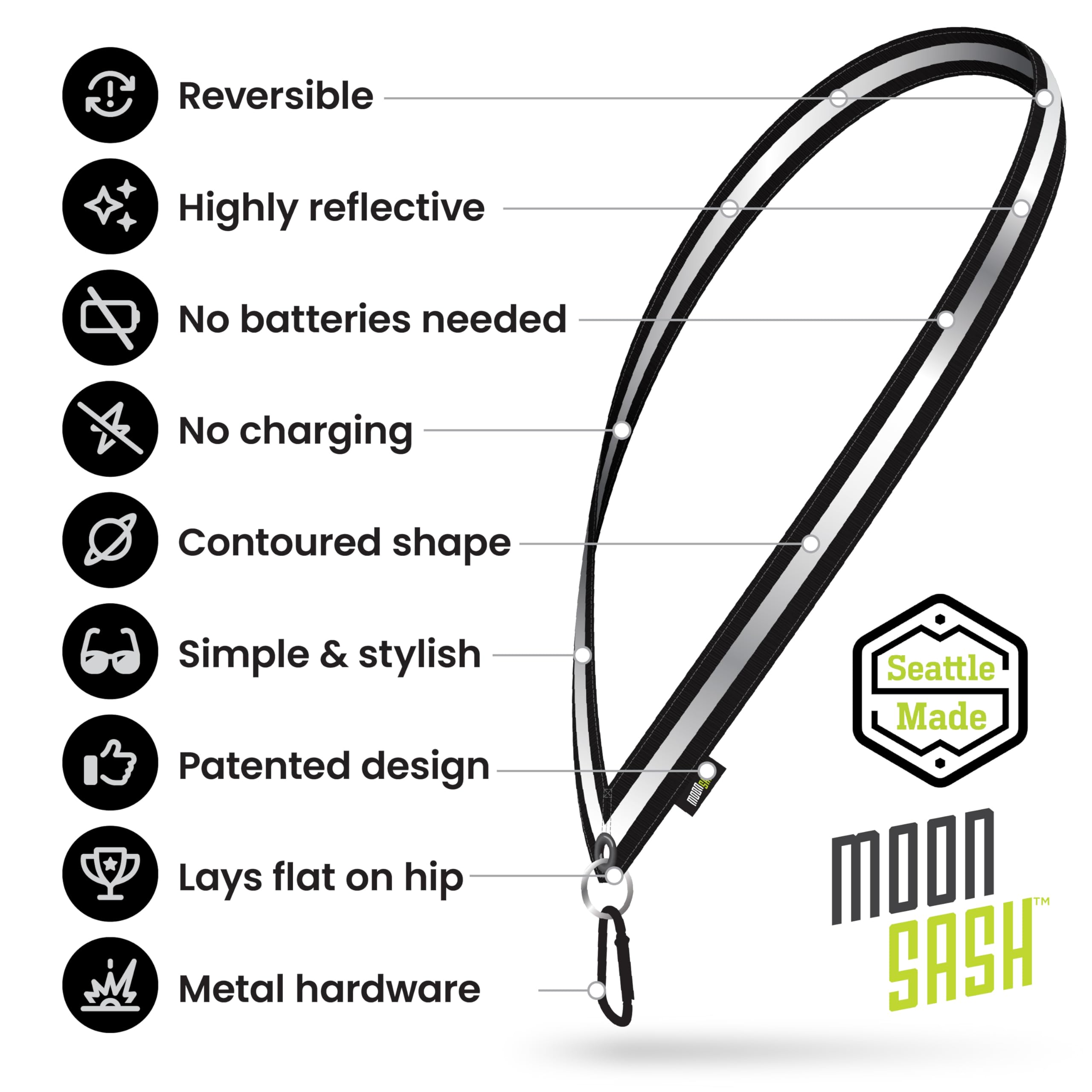 MOONSASH Fitted Reflective Gear for Walking at Night | Running, Biking, Dog Walking… Hi-Vis, Reversible & Comfortable Reflective Sash for Women, Men & Kids | US Patented | Best Replacement for Vest!