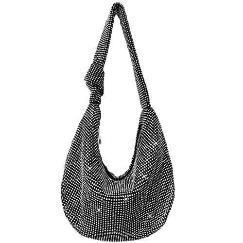 Rumdin Rhinestone Purse Top Handle Mesh Bag Hobo Bag for Women black Clutch Purses for Women Wedding Working Party