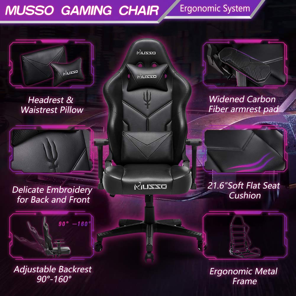Musso Gaming Chair with Panther Embroidery, Heavy Duty Adjustable Esports Computer Chair, Adults Racing Video Game Chair, Large Size PU Leather High-Back Executive Office Chair (Trident Pattern