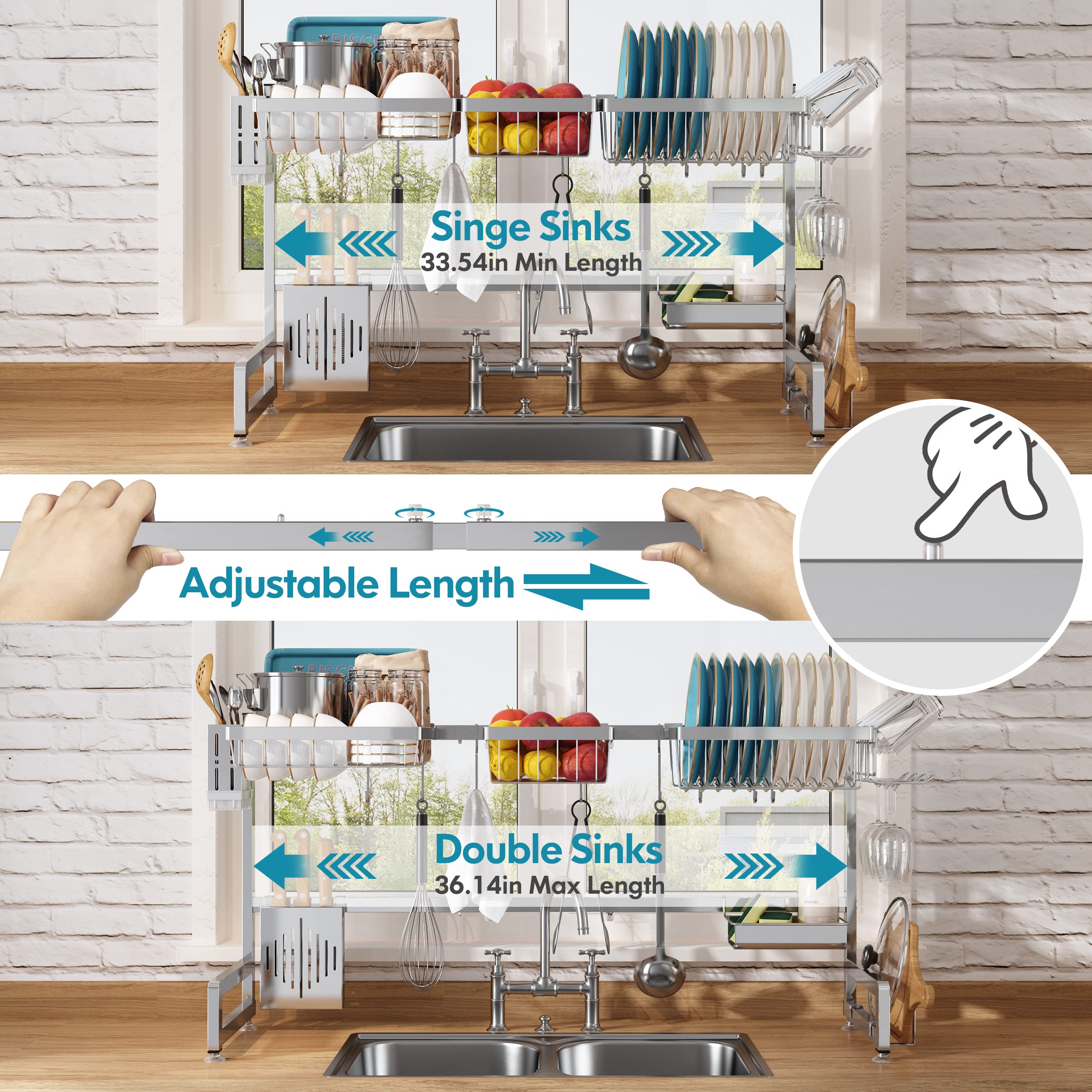 romision Over The Sink Dish Drying Rack, 2-Tier Adjustable Length(33.5-36.2in) Stainless Steel Dish Rack Over Sink, Expandable Large Dish Drainer for Kitchen Counter with 8 Hooks, Sliver