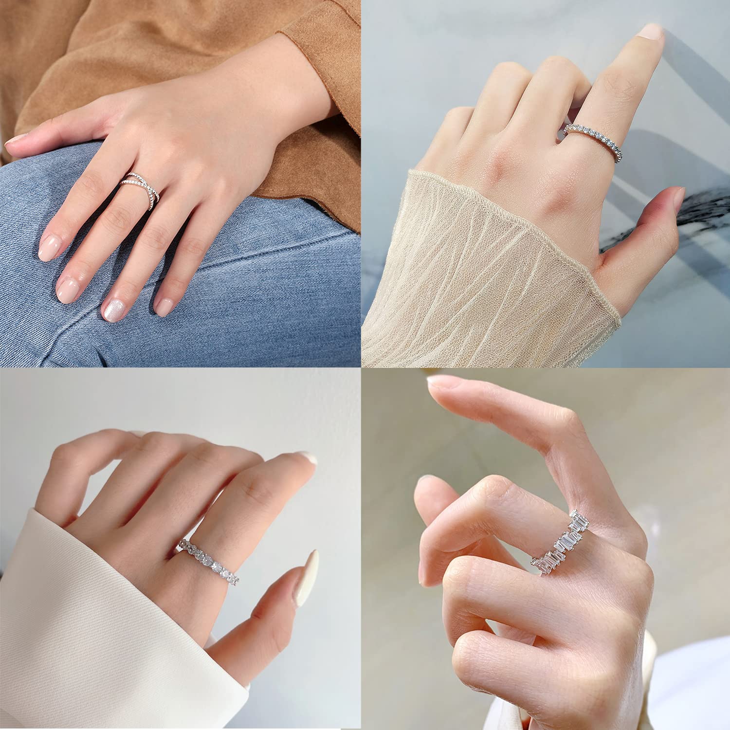 RIOSO 6Pcs Cubic Zirconia Eternity Band for Women Twisted Rope Stackable Simple Eternity Bands Ring Silver Wedding Band Rings