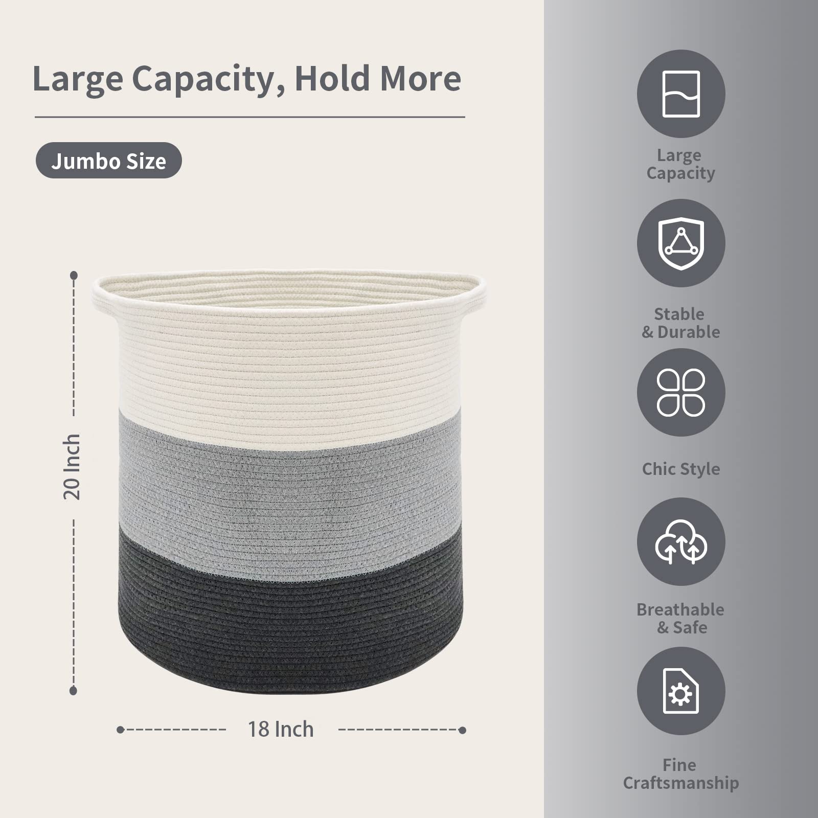 XKY XXXLarge Baskets Laundry Hamper,Rope Storage Basket with Long Handles,Decorative Basket for Living room,Woven Storage Basket for Toys Bin,Pillows, Blankets,Clothes-18x20in-Gradient Gradient Gray