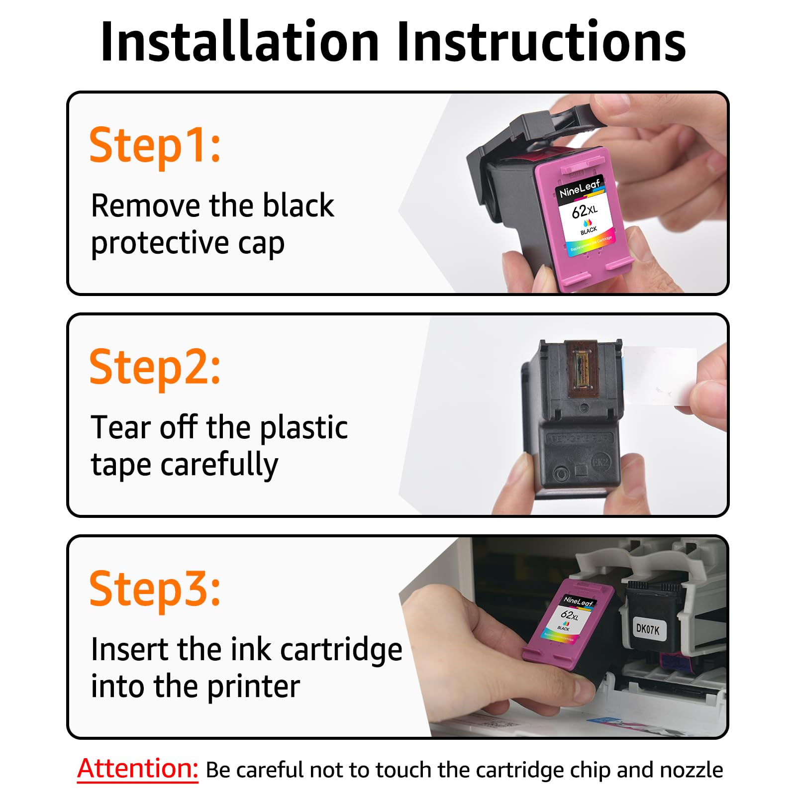 NineLeaf Remanufactured Ink Cartridge Replacement for HP 62XL 62 XL use in Envy 5540 5640 5660 7644 7645 OfficeJet 5740 8040 OfficeJet 200 250 Series Inkjet Printer(6 Pack Tri-Color