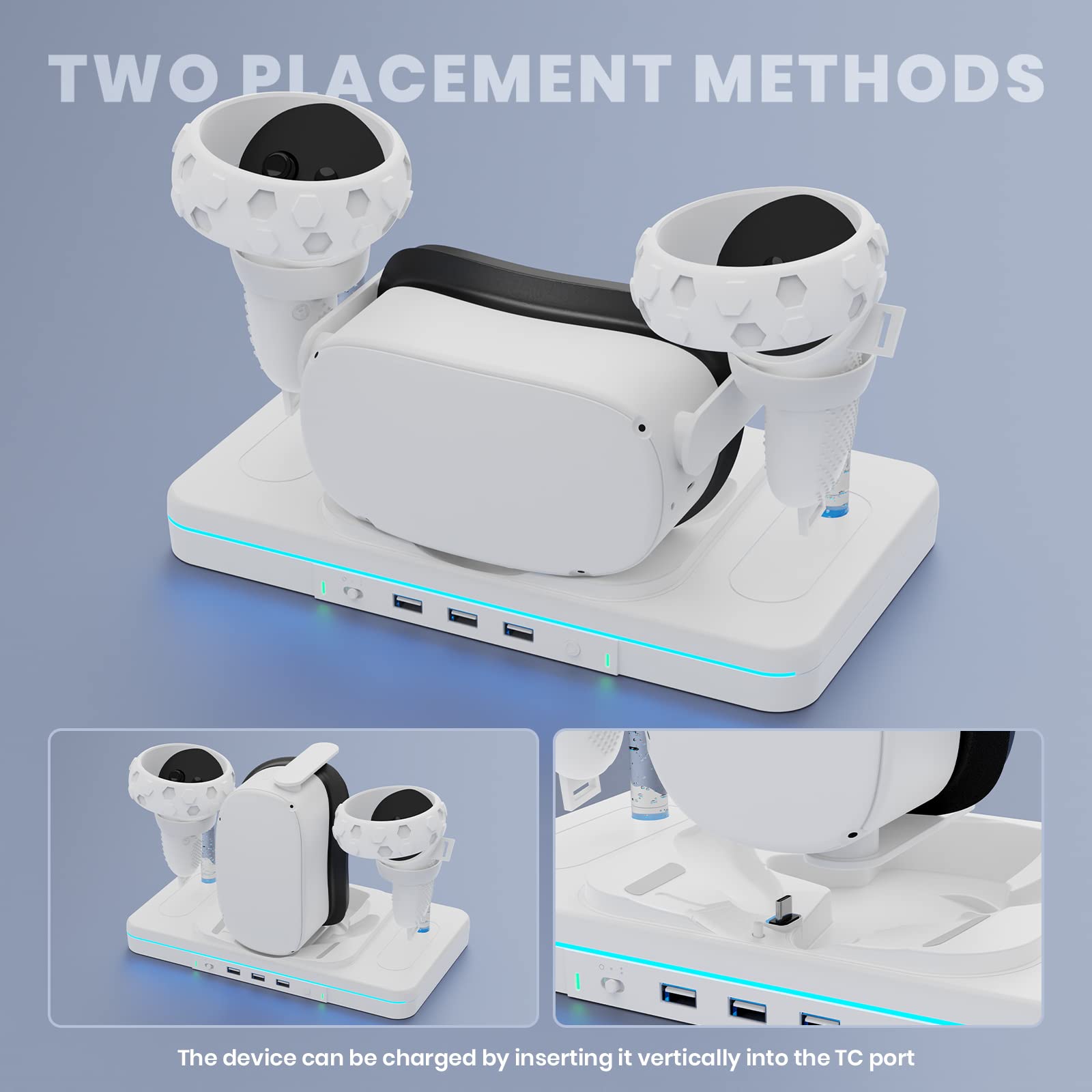 VR Charging Station for Oculus Quest 2/Meta Quest 2, CODOGOY Charging Dock Supports LED Indicator/Charging Headset, with 2 Rechargeable Batteries&USB Charging Cable, Support Elite Strap with Battery