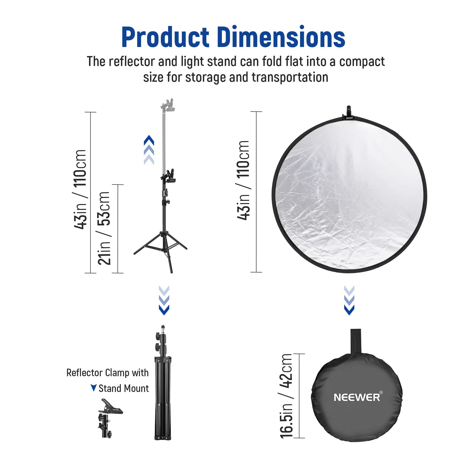 NEEWER 43"/110cm Light Reflector Kit, 5 in 1 Collapsible Round Reflector (Translucent/Silver/Gold/White/Black), Metal Clamp and 21"-43β/53-110cm Short Stand for Low Angle Children Studio Photography