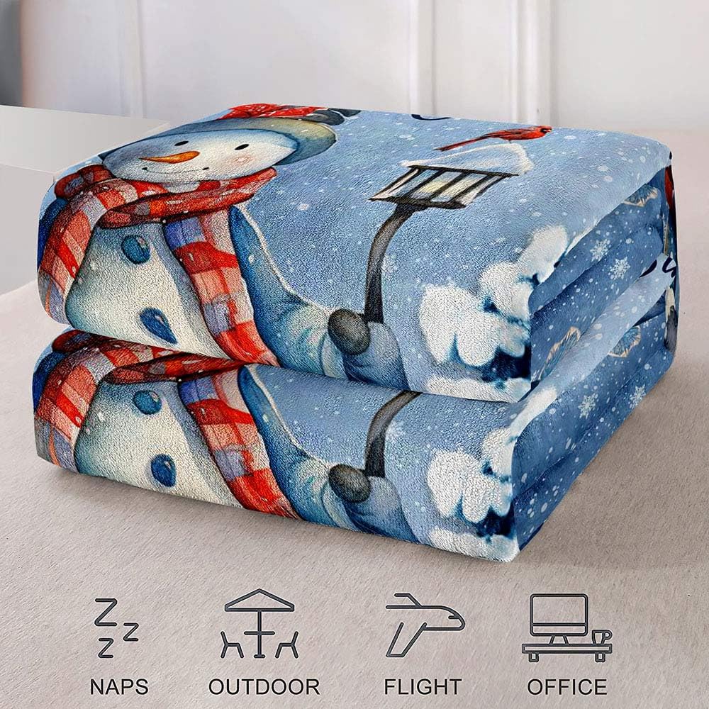 LUVIVIHOME Cute Snowman Throw Blanket, Blue Blanket, Kids Blanket, Red Cardinal Birds Winter Holiday Christmas Blanket, Cozy Warm Lightweight Soft Fuzzy Flannel Fleece Blanket for Couch, Sofa, 30"x40"