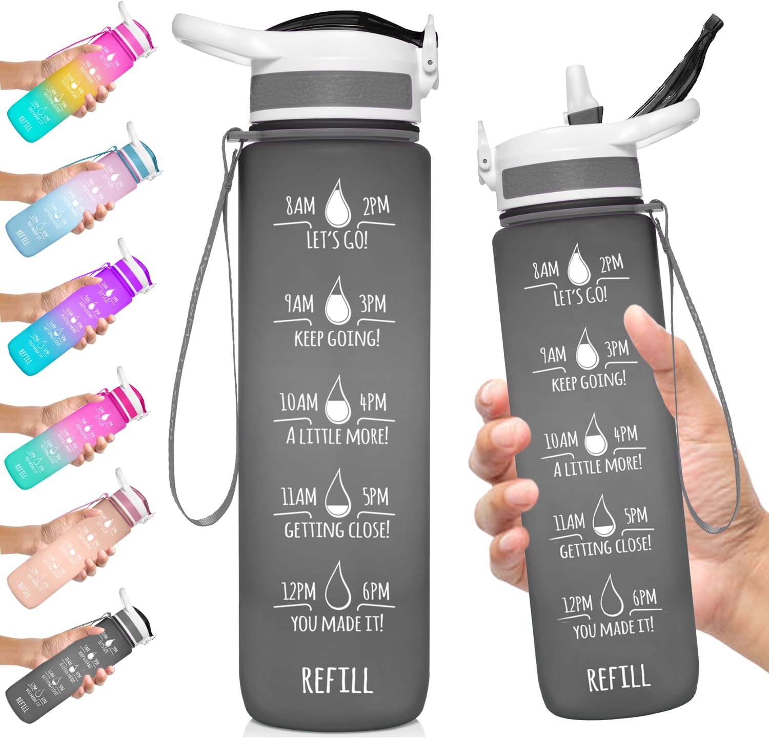 NatureWorks HydroMATE 32 oz Water Bottle with Time Markings Hourly BPA Free Reusable Leak Proof with Straw and Carrying Strap 1 Liter