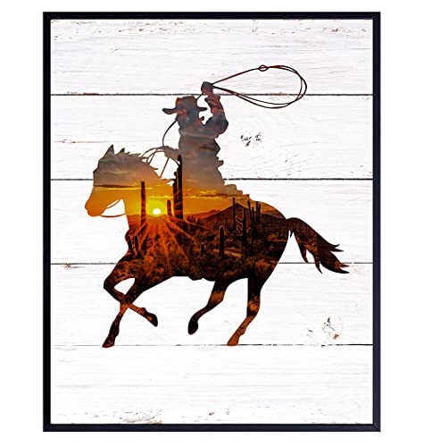 Western Decor - Western Wall Art - Cowboy Wall Decor - Ranch Decor - Horse Wall Art Decor - Roping Silhouette Room Decorations Poster Print - Gift for Rodeo Fans