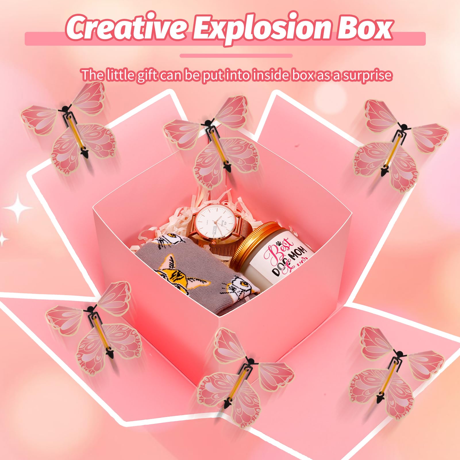 XLSXEXCL Butterfly Explosion Gift Box, Flying Butterfly Surprise Box, Exploding Butterfly Birthday Box with 8 Pcs Flying Butterfly Toy for Birthday, Wedding, Anniversaries, Christmas (Pink)