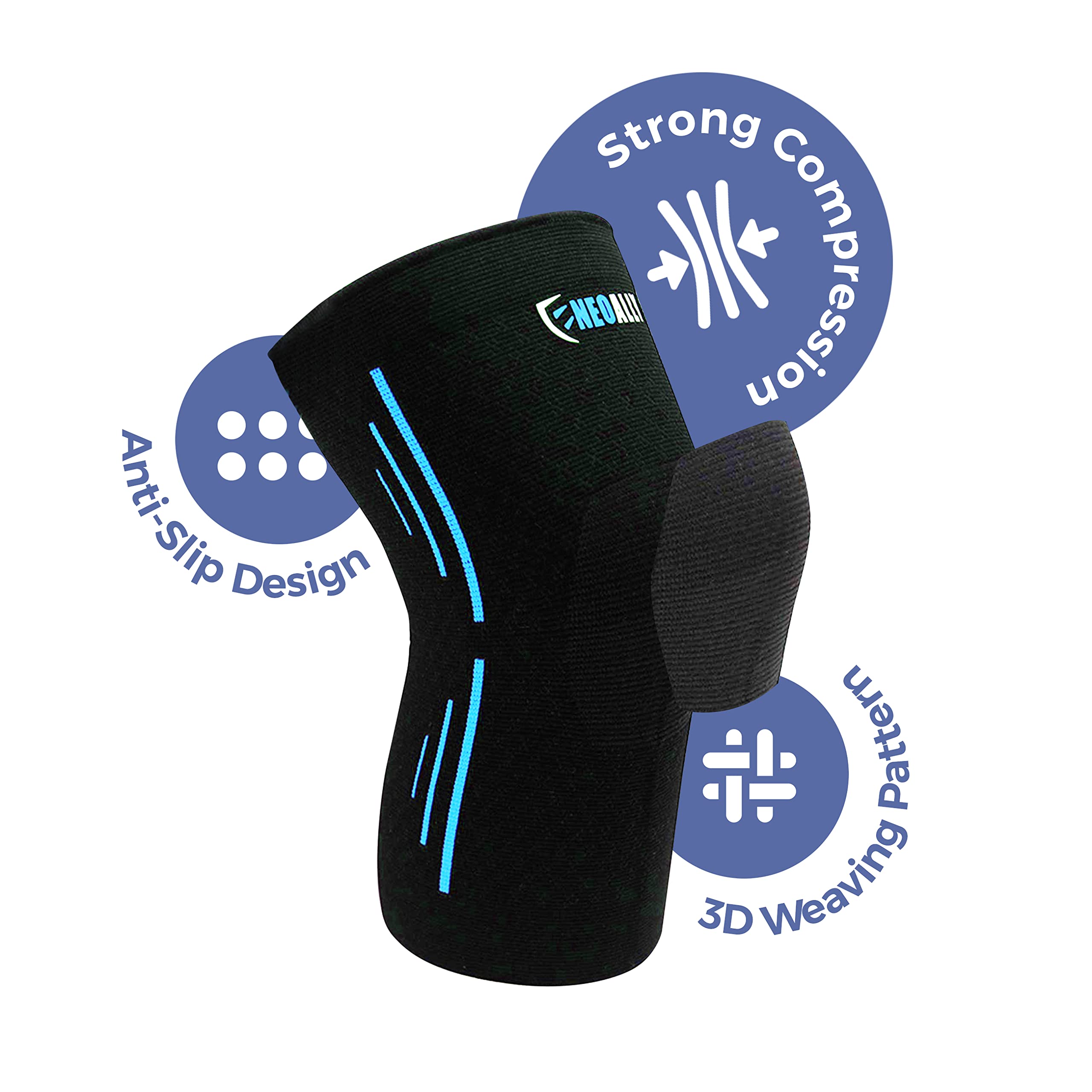 NeoAlly® - Compression Knee Sleeve for Knee Pain, Non-Slip Athletic Knee Compression Sleeve Men and Women, Breathable Consistent Knee Support, Black & Blue, Medium
