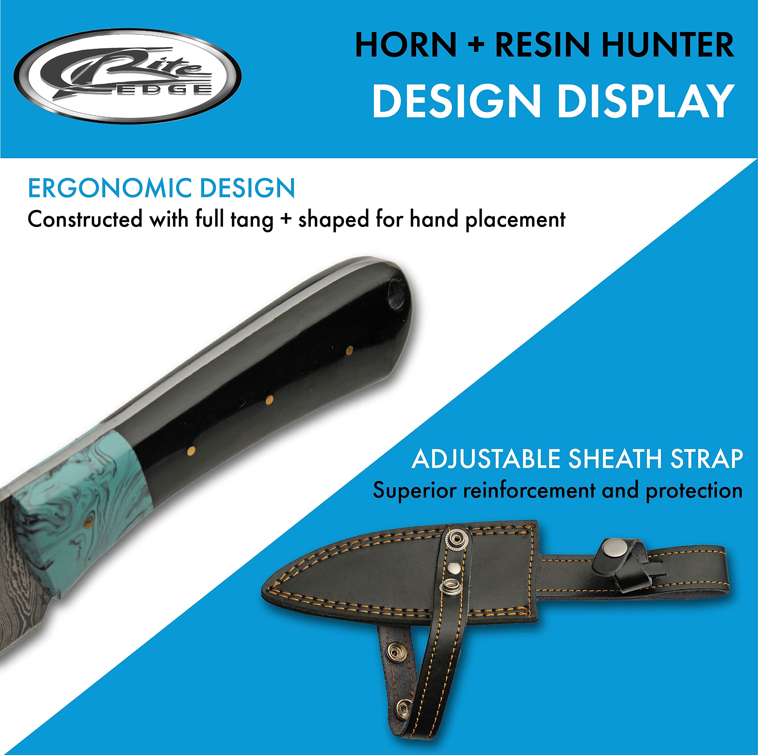 SZCO Supplies 10.75β Horn And Resin Handle Damascus Steel Outdoor Hunting Knife With Leather Sheath