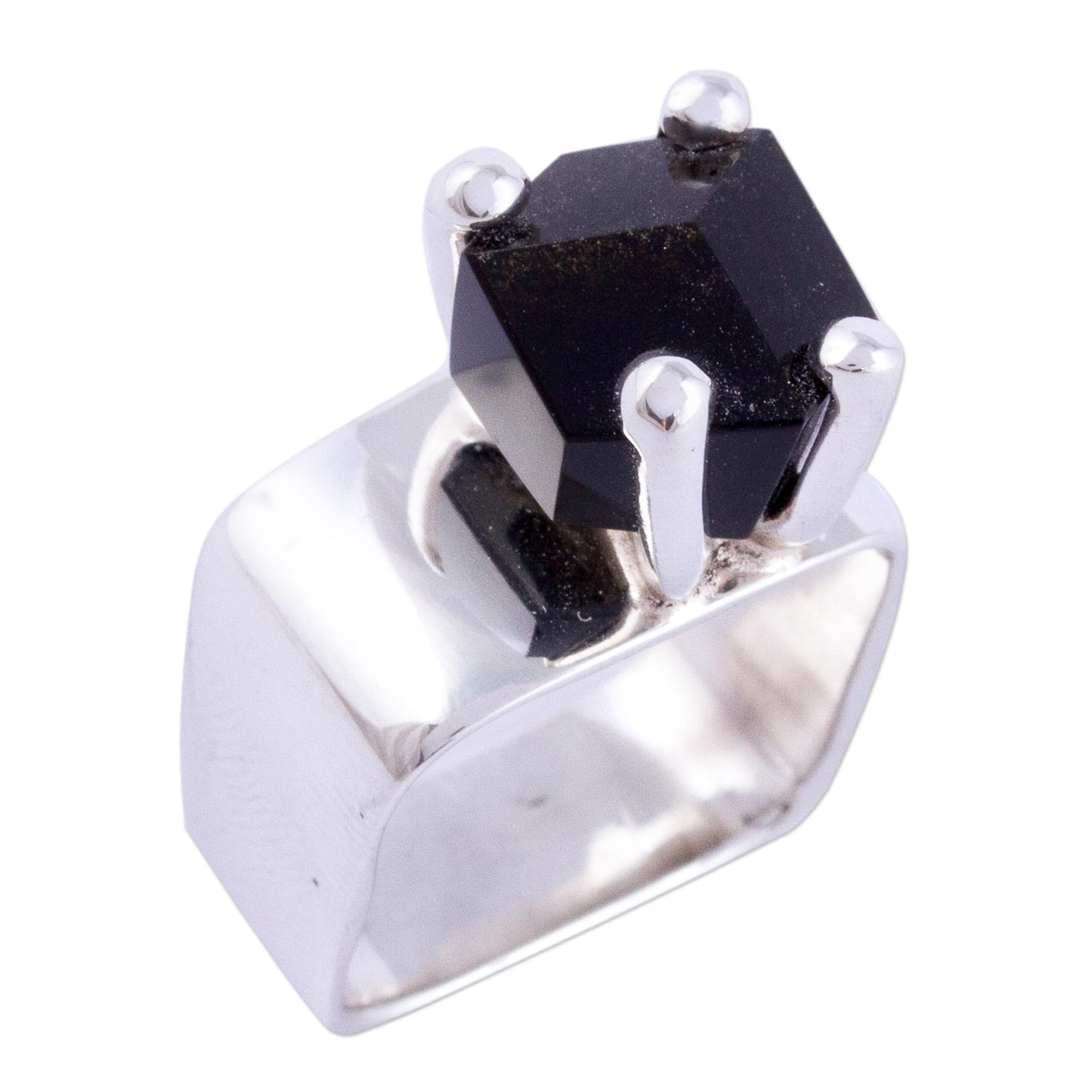 NOVICA Artisan Handmade .925 Sterling Silver Obsidian Solitaire Ring Taxco with Black Single Stone Cocktail Mexico Modern 'Modern Facets'