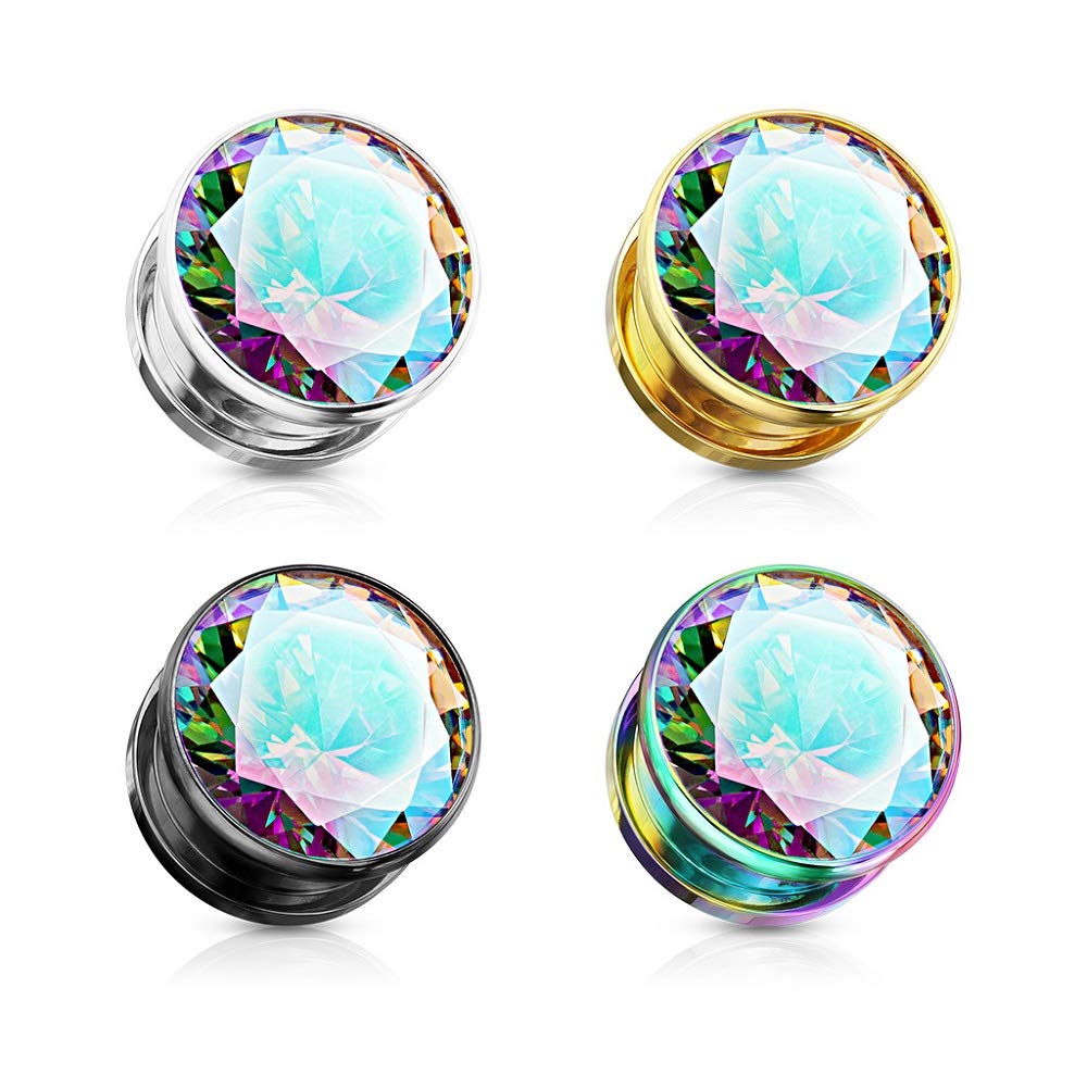 Pierced Owl Stainless Steel Bezel Set Aurora Borealis Gem Screw Fit Plug Gauges, Sold As Pair (Rainbow, 8mm (0GA))