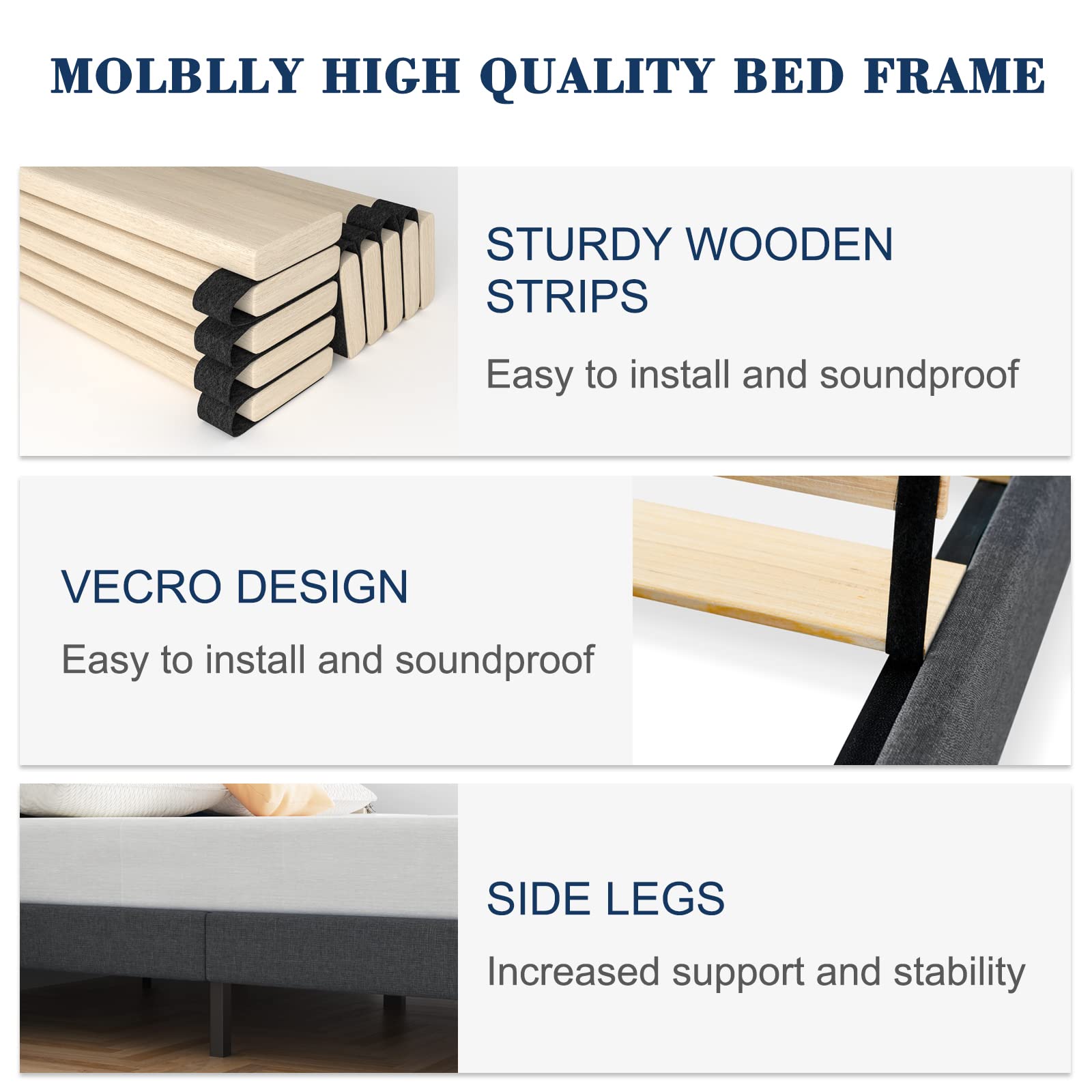 Molblly King Bed Frame Upholstered Platform with Headboard and Strong Wooden Slats, Strong Weight Capacity, Non-Slip and Noise-Free,No Box Spring Needed, Easy Assembly,Dark Grey