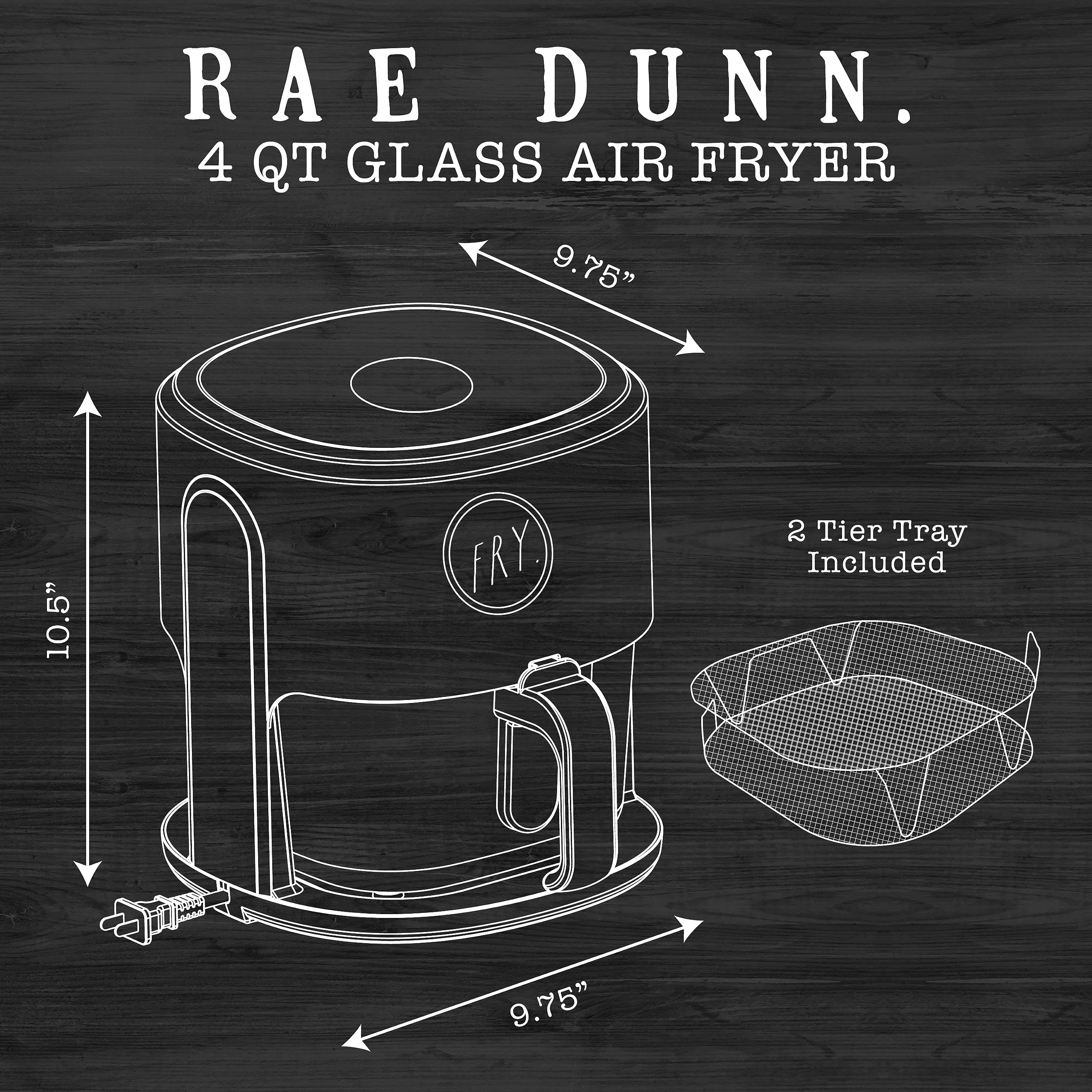Rae Dunn 1200W 4Qt Air Fryer with GLASS Frying Basket, Dishwasher Safe, 2 Tier Tray, 60 Minute Timer, Digital Touch Display, and 6 Presets - Variable Temperature Control 175F - 400F, Black