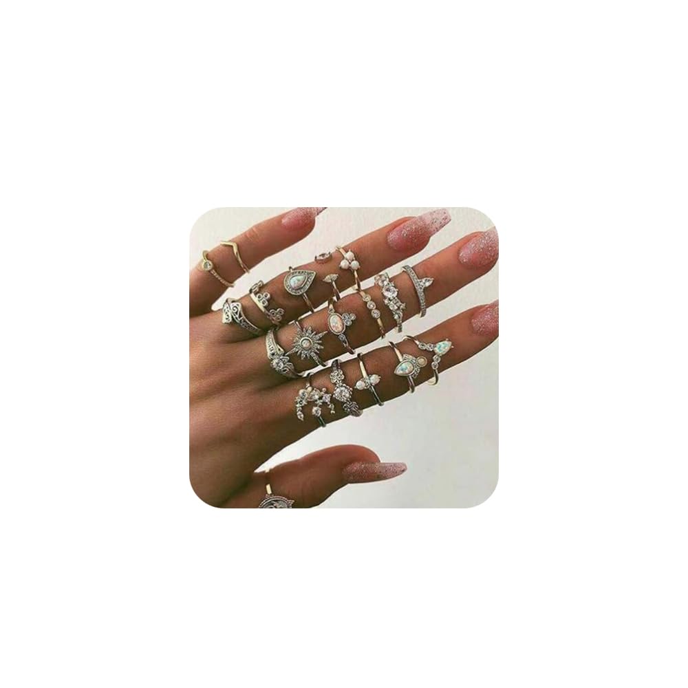 Missgrace Vintage Boho Rings Crystal Rhinestones Joint Knuckle Stackable Ring Set with Cresent Punk Snake Stacking Midi Finger Rings for Women and Girls (Style 6)
