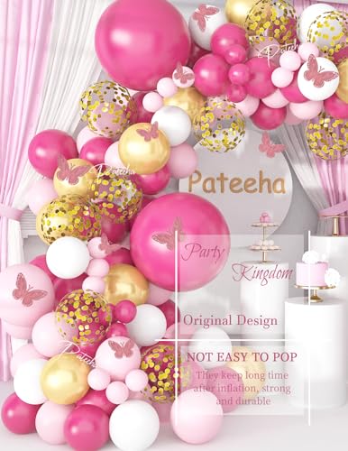 Pateeha Pink Balloon Garland Arch Kit 140 Pcs Hot Pink Gold Balloon Arch Baby Shower Decorations for Girl Butterfly Stickers Gold Confetti Latex Balloons for Birthday Bridal Shower Party Decorations
