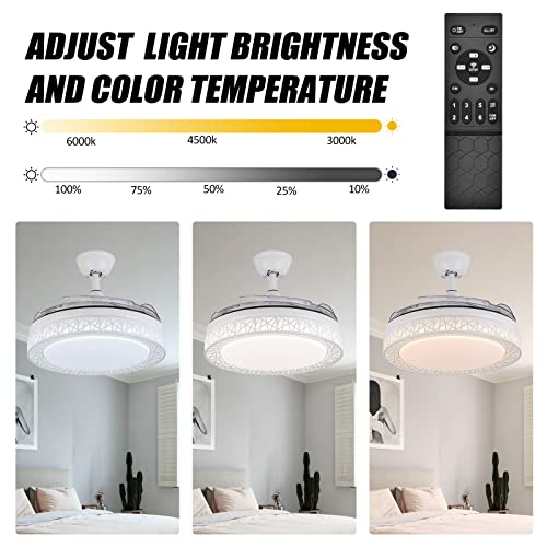 Panghuhu88 42" Invisible Ceiling Fan Chandelier with Light,Modern Crystal Ceiling Fan Light Remote Control 4 Retractable ABS Blades for Bedroom Living Dining Room Decoration