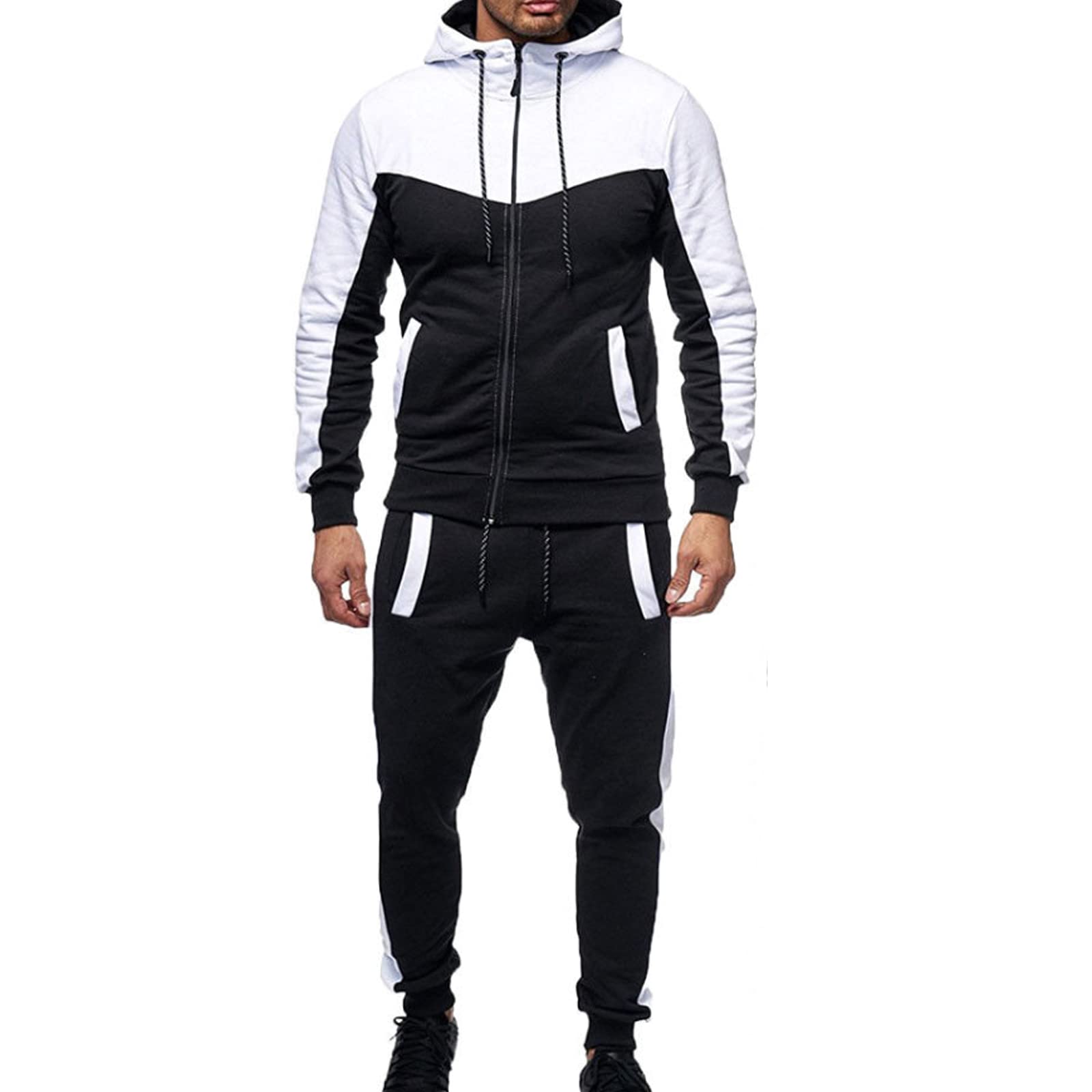 Mens Sweatsuits 2 Piece Hoodie Tracksuit Sets CasualColor Block Jogging Suits for Men (2-White Black, L)