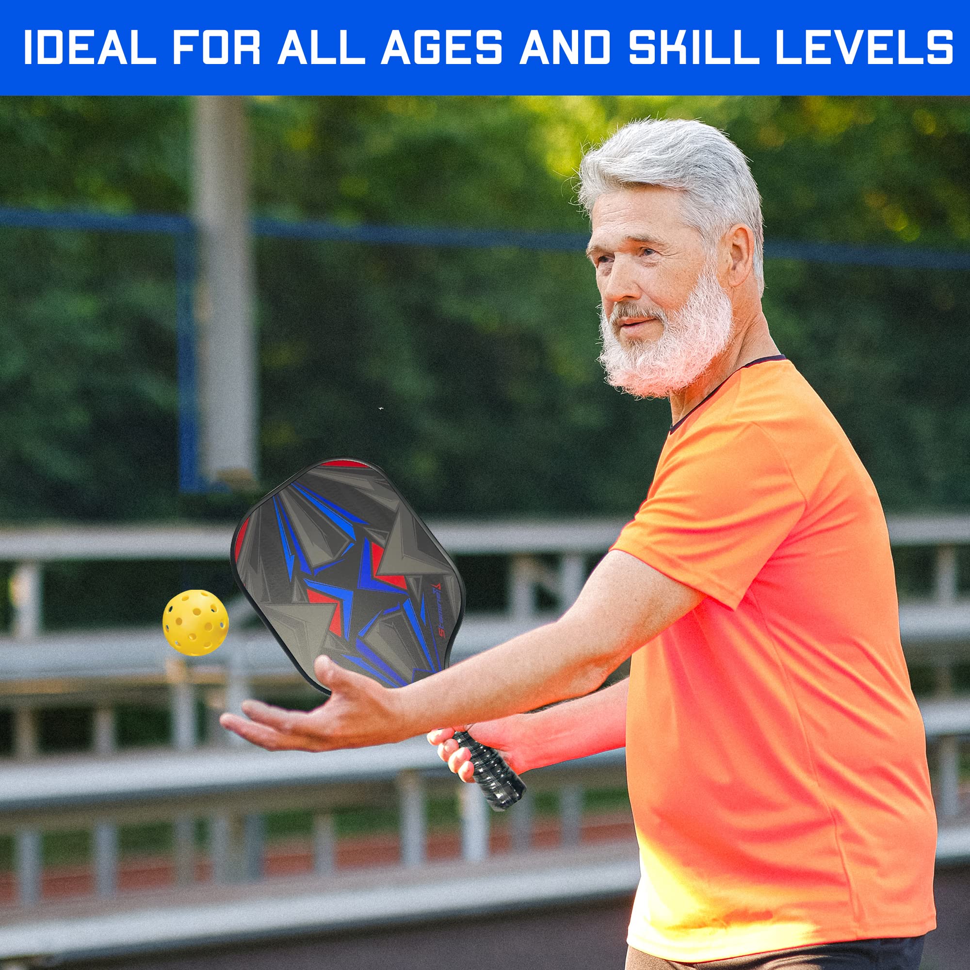 Pickleball Set with 4 Pickleball Balls & 2 Carbon Fiber Pickleball Paddles with Cushioned Sweat-Resistant Racket Grips - Complete Set for 2 Players