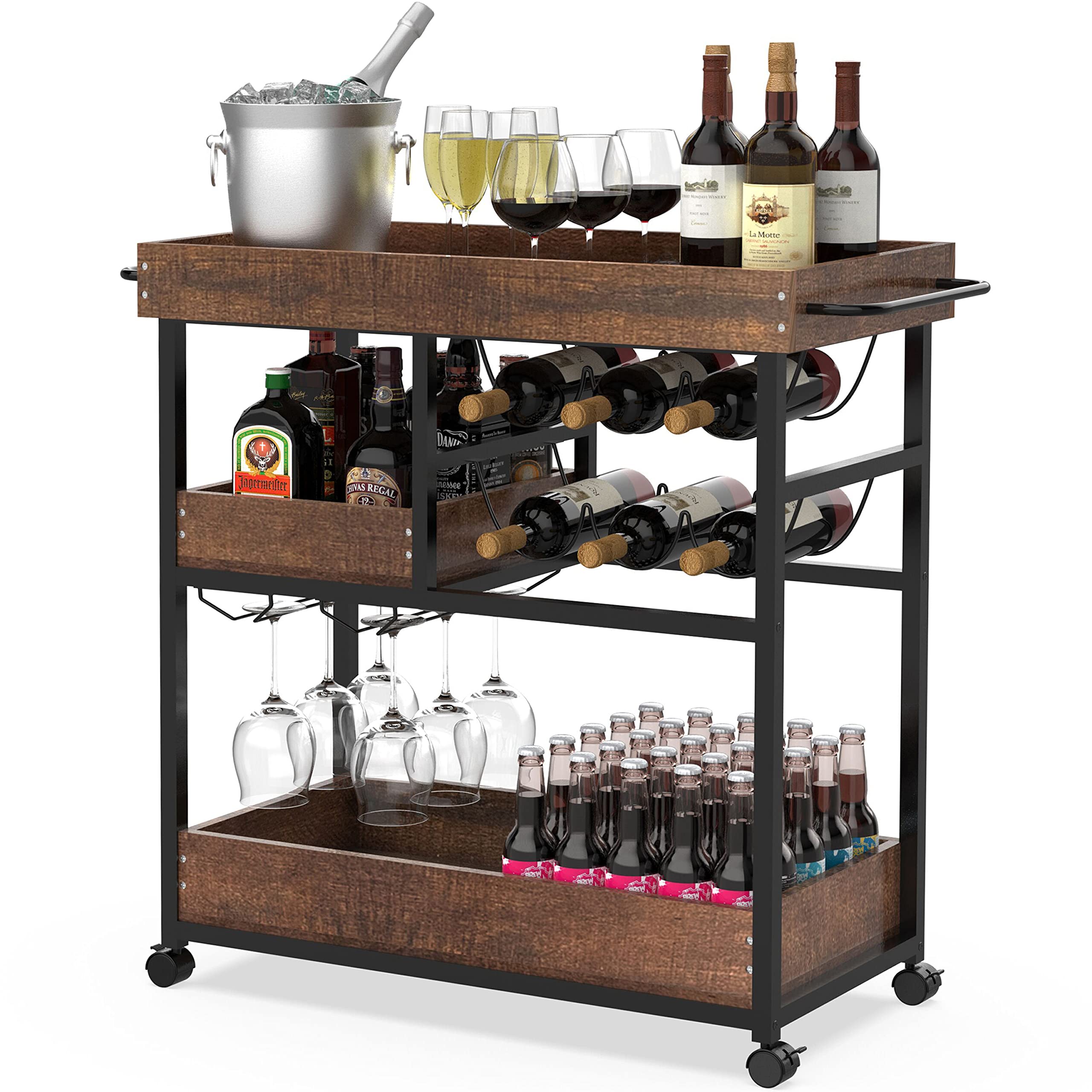 MU Bar Carts for Home, Industrial Kitchen Serving Cart,3 Tier Storage Trolley with Wine Rack Glasses Holder, Rustic Rolling Bar Cart with Removable Shelves for Home