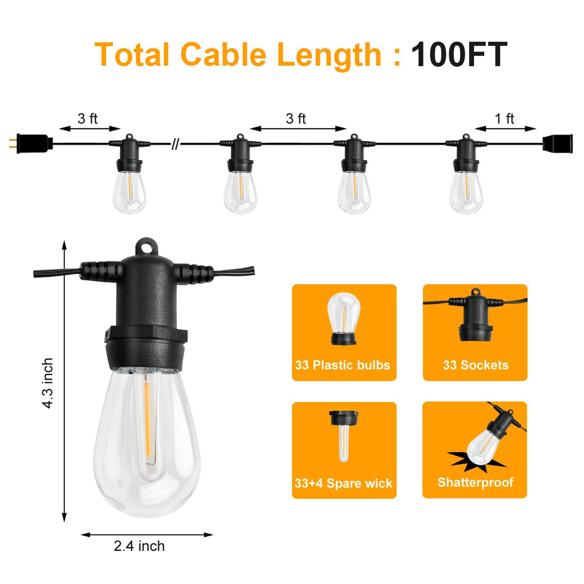 Muasdae 100FT Outdoor String Light,Patio String Lights with 33+4 Plastic LED Shatterproof Clear Bulbs - Waterproof Commercial Lighting Create Ambience On Your Patio Porch Backyard Party Wedding