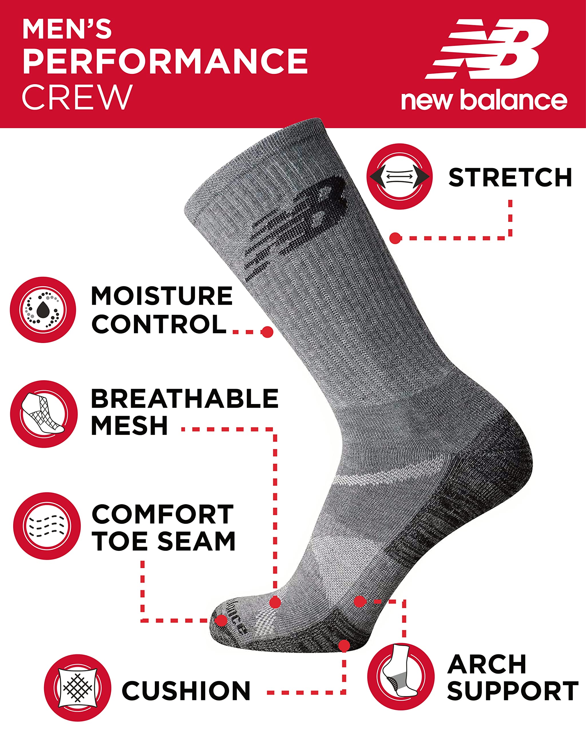 New Balance Men's Athletic Arch Cushion Comfort Crew Socks (5 Pack), Size 6-12.5, White