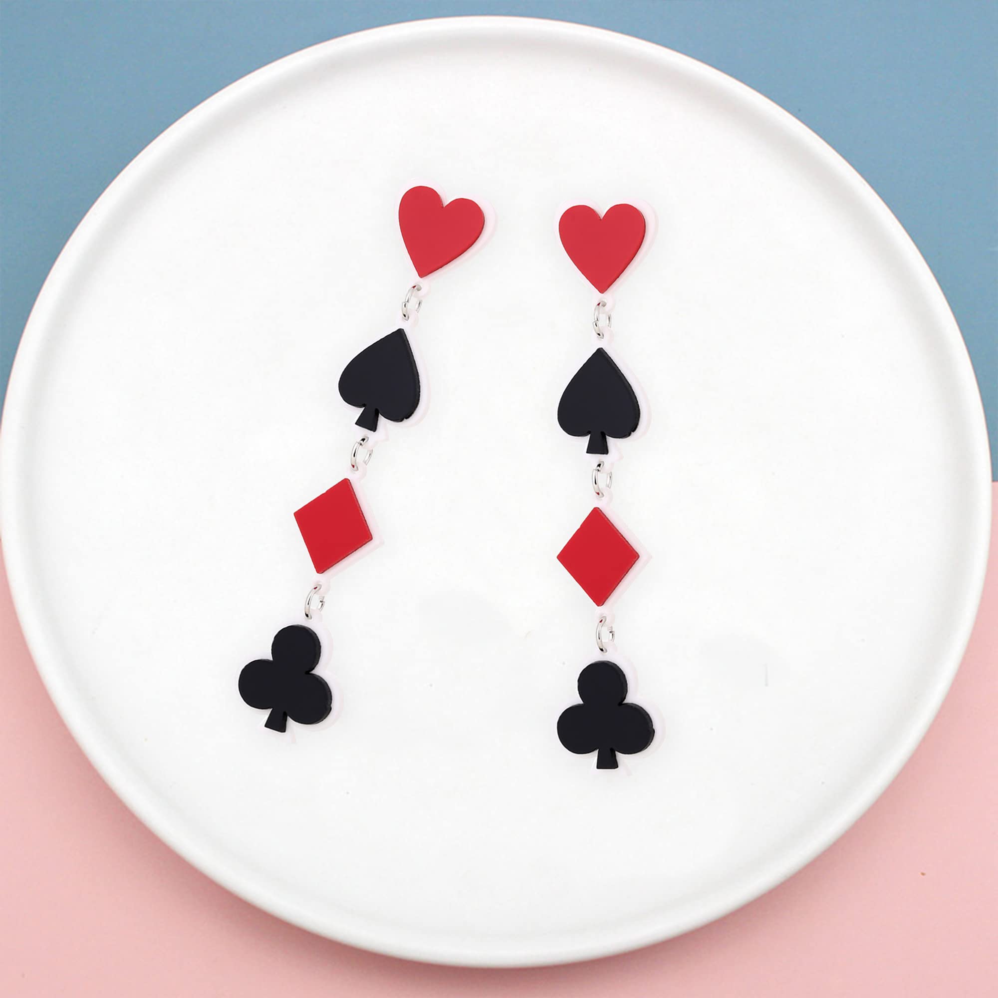 Unique Funny Playing Cards Pattern Dangle Drop Earring Personality Asymmetric Acrylic Spades Hearts Plum Poker Earrings for Women Gift Statement Nightclub Party Jewelry (Long Design)