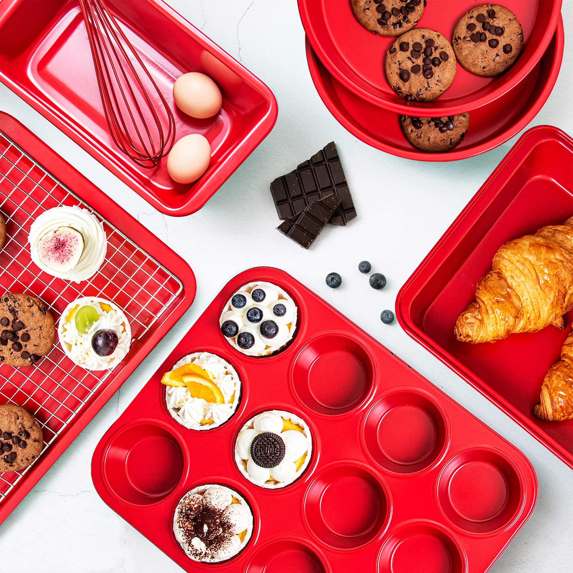 Rorence Nonstick Steel Bakeware Set: Cookie Sheet, Rectangular Cake Pan, 2 Round Cake Pans, Muffin Pan, Loaf Pan & Cooling Rack - Set of 7 - Red